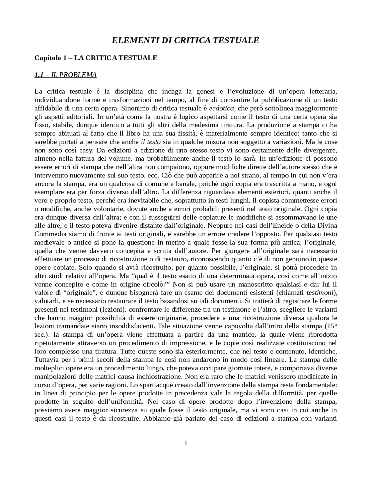 Riassunto Di Elementi Di Critica Testuale Docsity