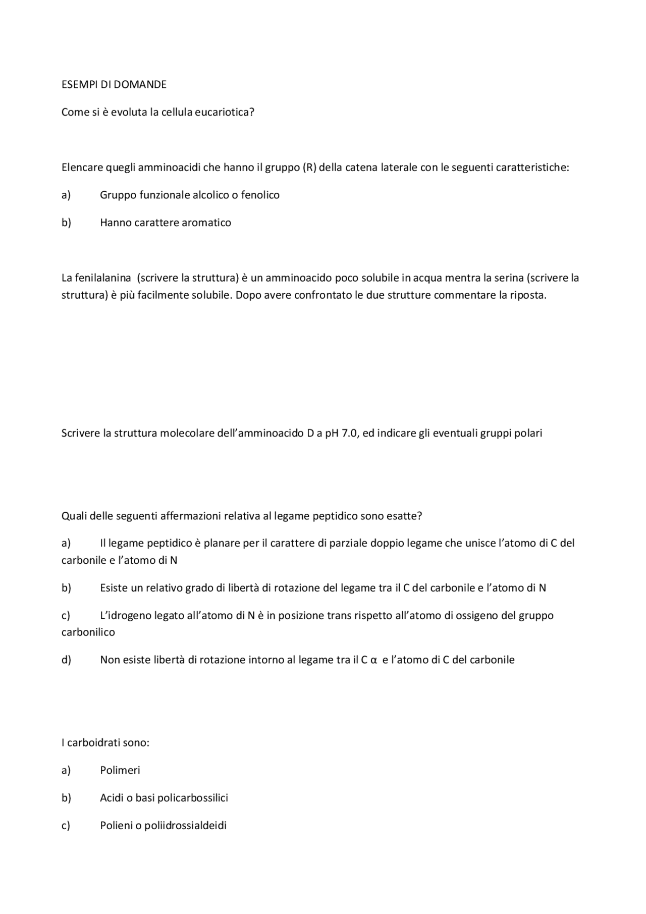 Esempio Di Esame Per Biochimica Prove Desame Di Biochimica Docsity