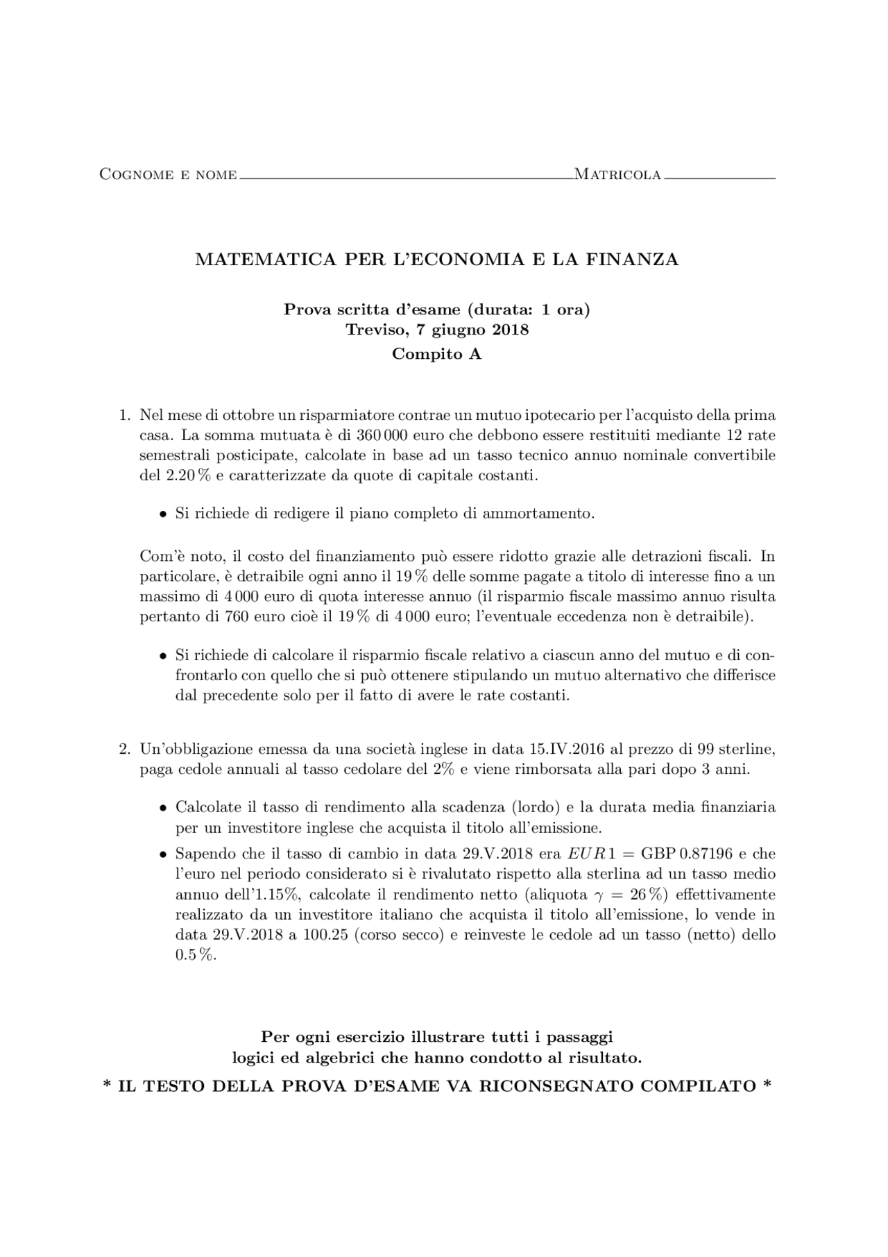 Esame Matematica Per Leconomia E La Finanza Docsity