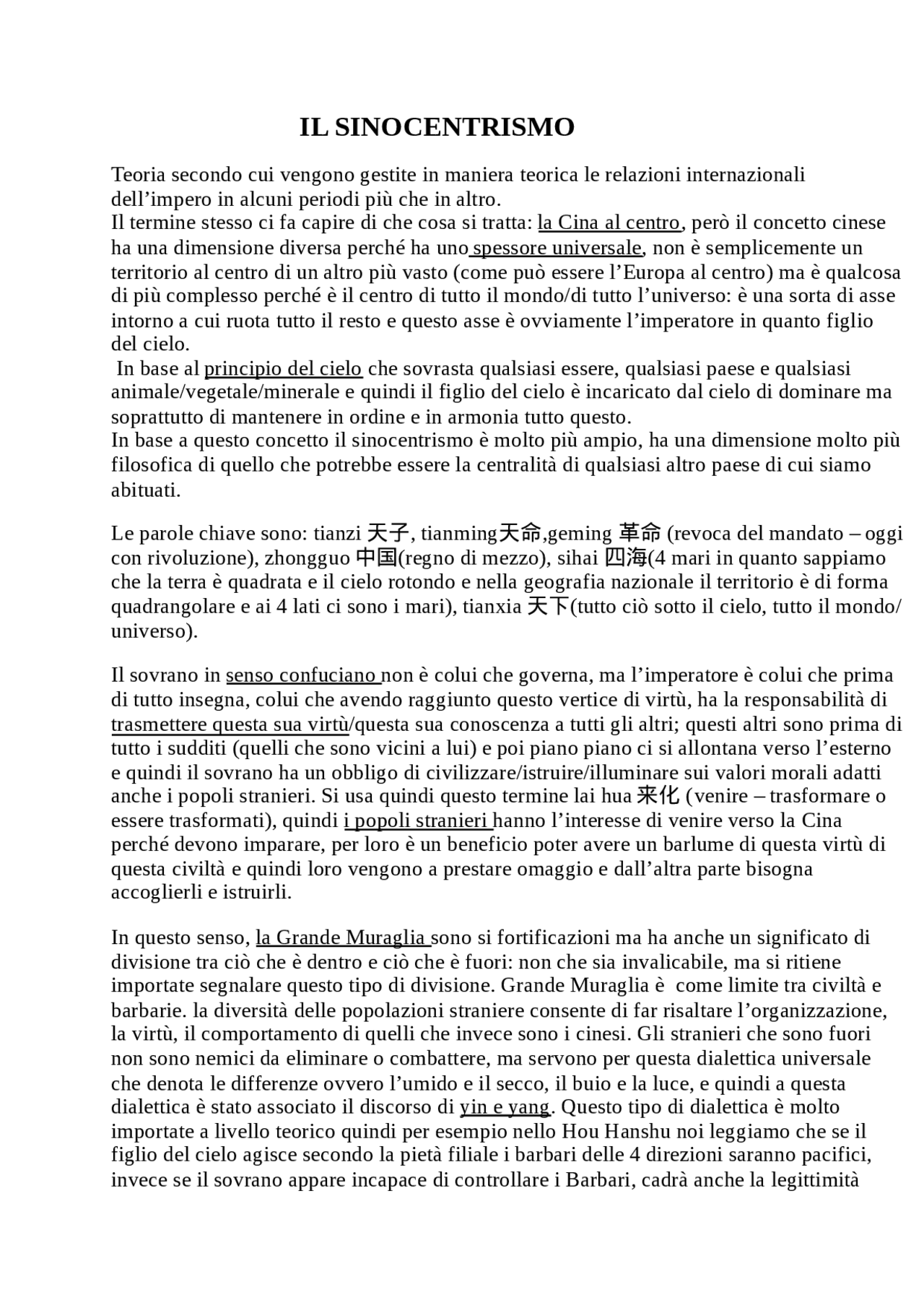RIASSUNTO DEL SINOCENTRISMO - Docsity