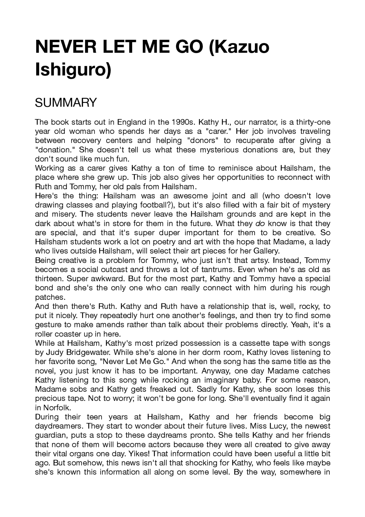 Sintesi e analisi di Never Let me go (libro) - Docsity