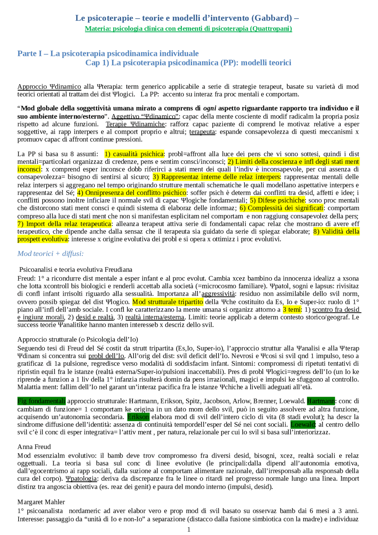Le Psicoterapie Teorie E Modelli Dintervento Glen O Gabbard Docsity