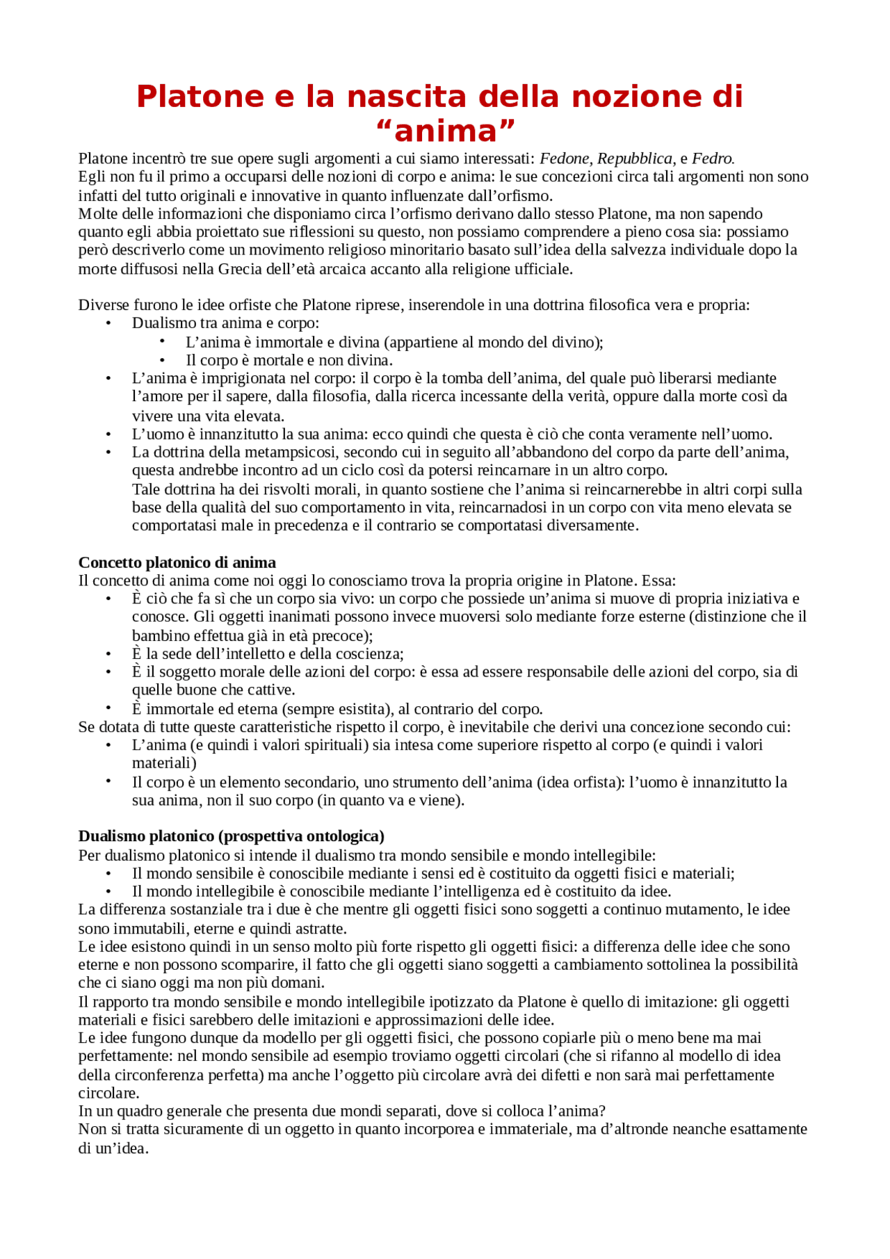 Platone e la nascita della nozione di “anima” - Docsity