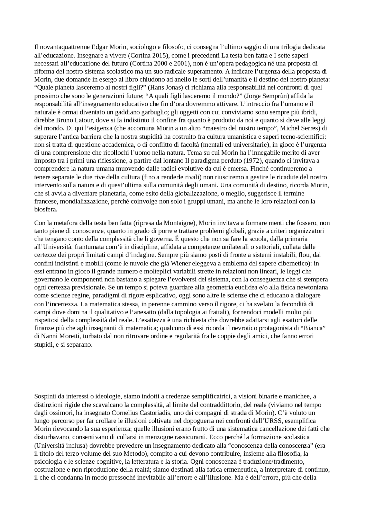 Insegnare A Vivere Di E Morin Docsity