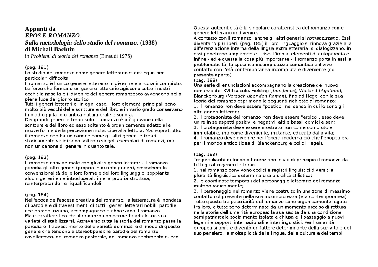 Epos E Romanzo Bachtin Docsity