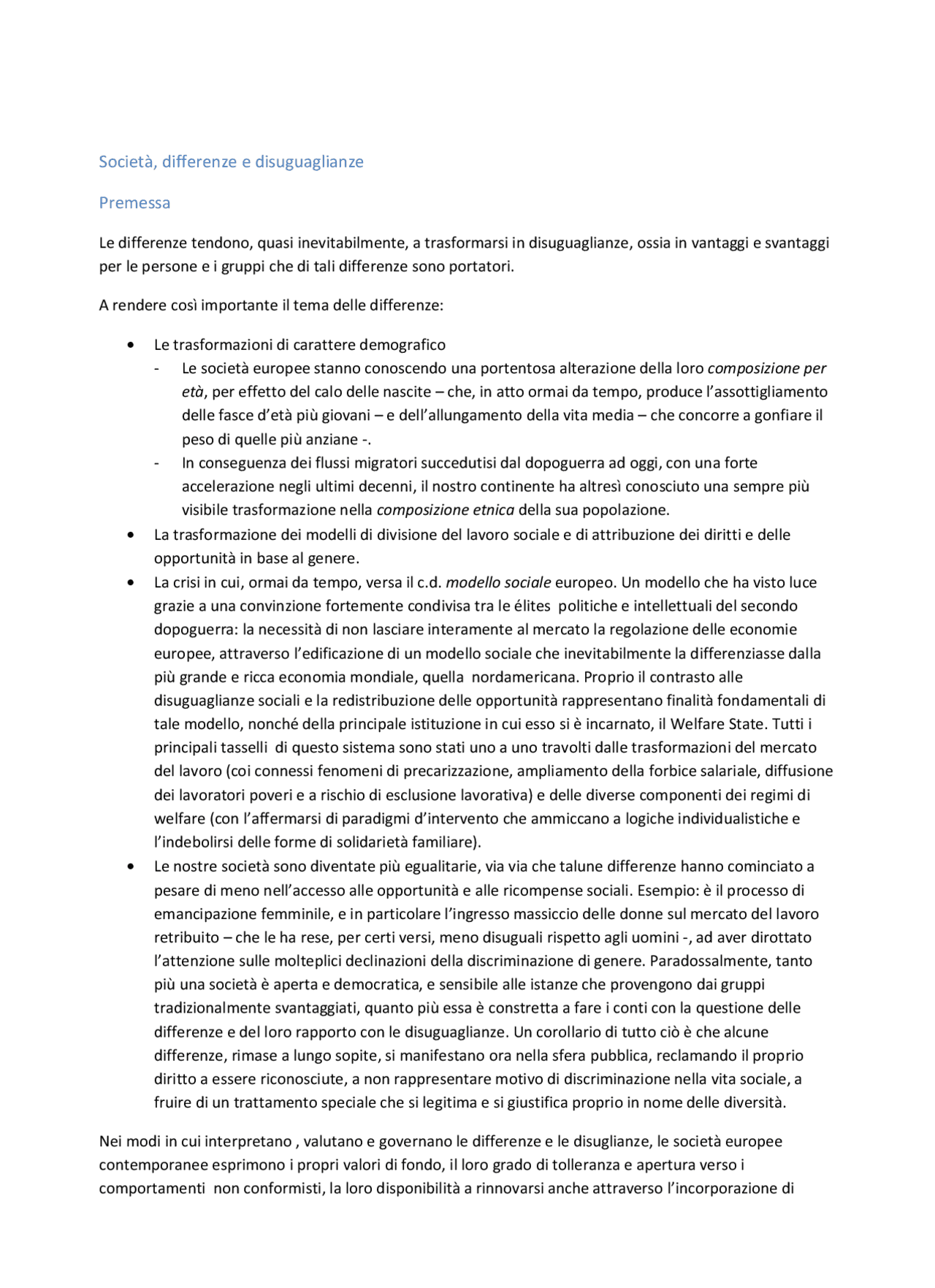 Sociologia Delle Differenze E Delle Disuguaglianze Docsity