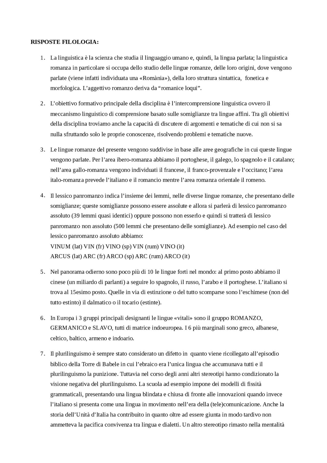 Filologia Romanza Risposte Docsity