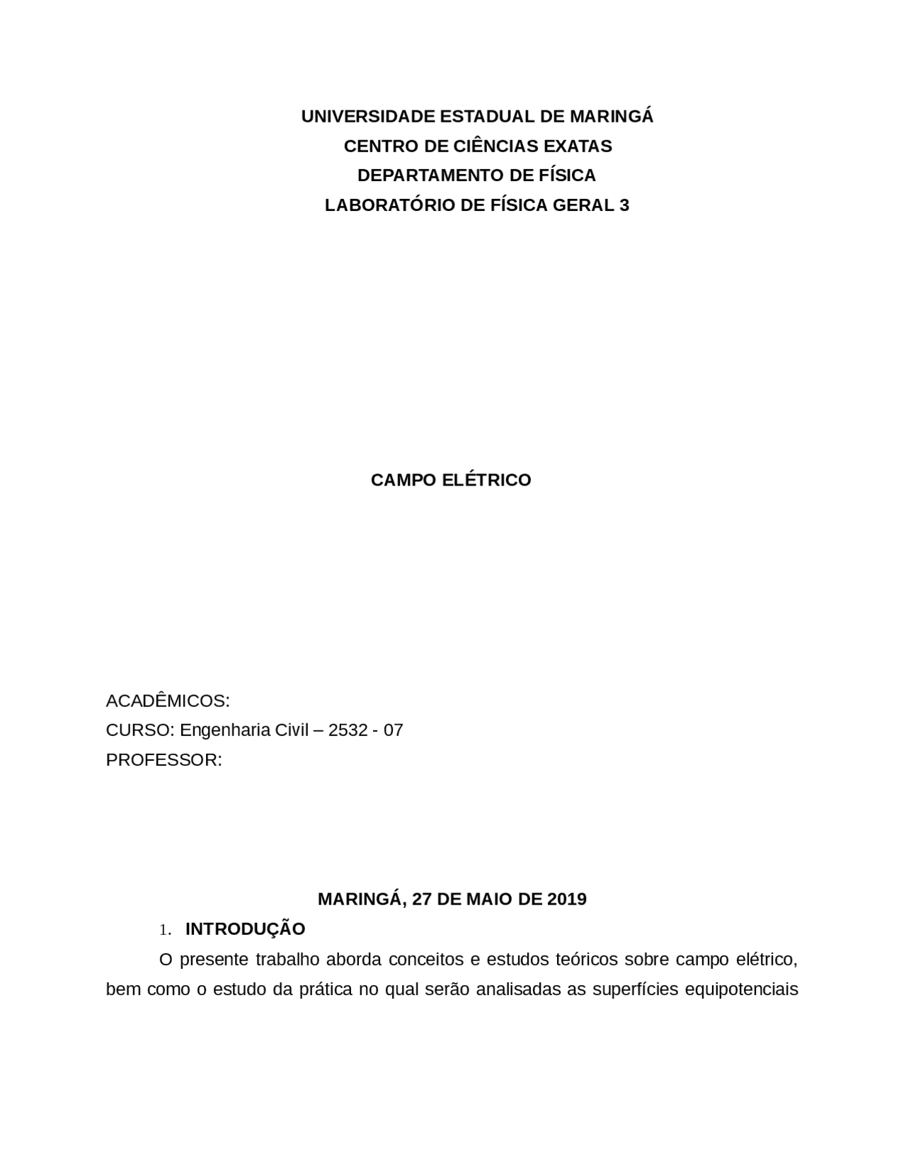 Relatorio Campo Eletrico Trabalhos Física Experimental Docsity