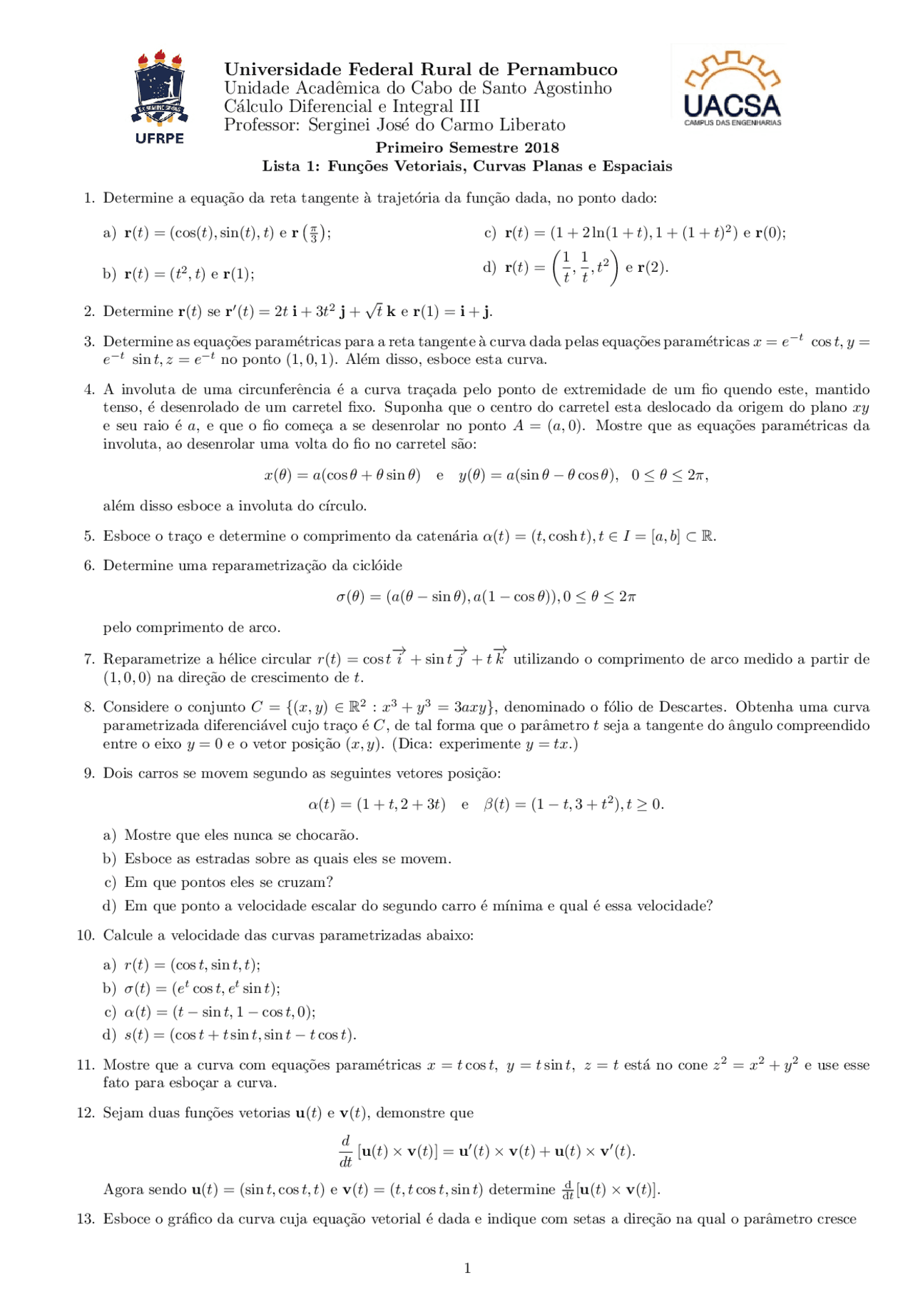 Funções Vetoriais Curvas Planas E Espaciai Docsity