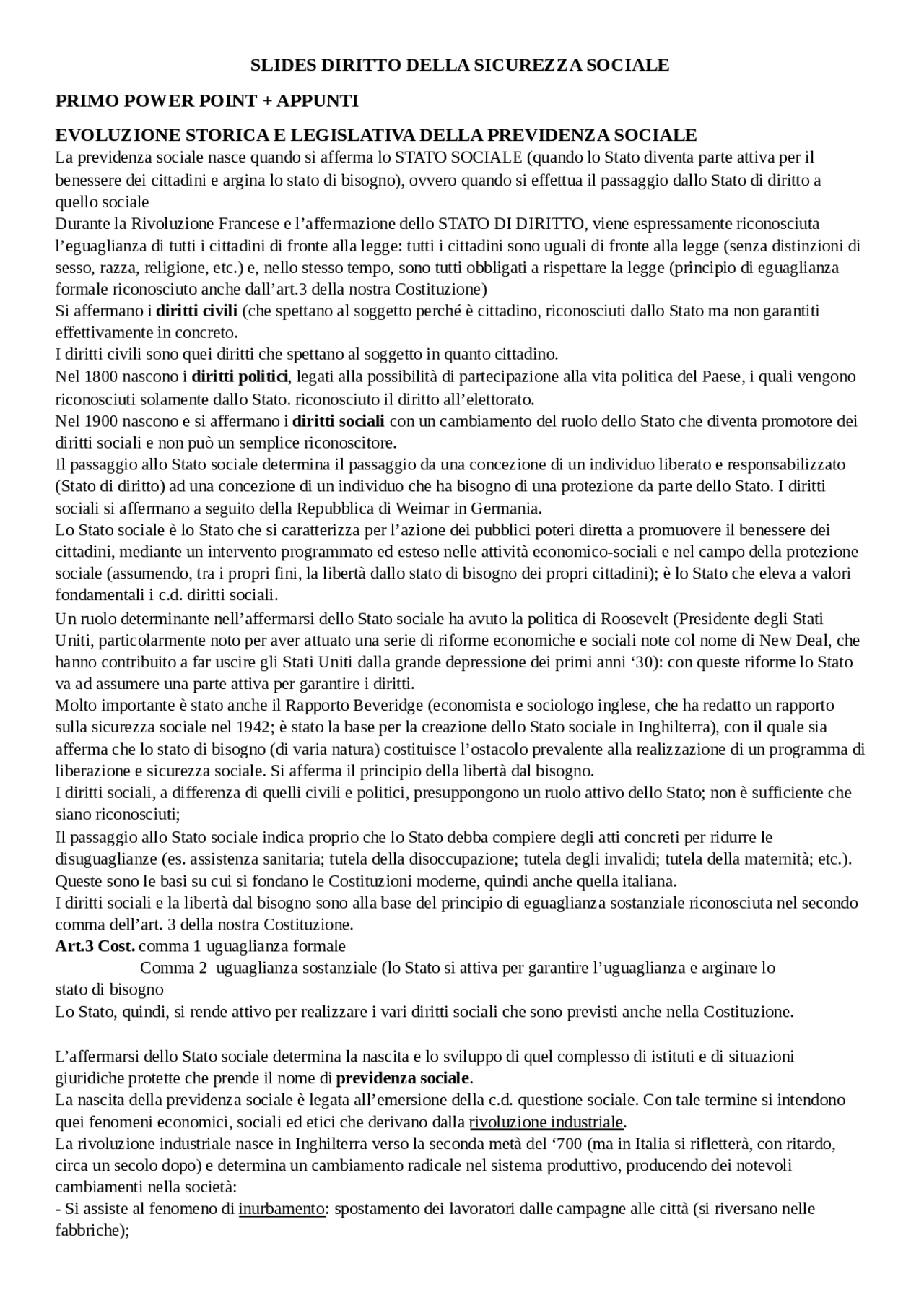Riassunto Slides Di Diritto Della Sicurezza Sociale Docsity
