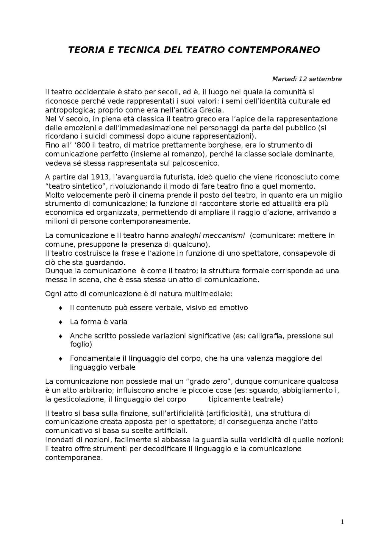 Teorie E Tecniche Del Teatro Contemporaneo Docsity