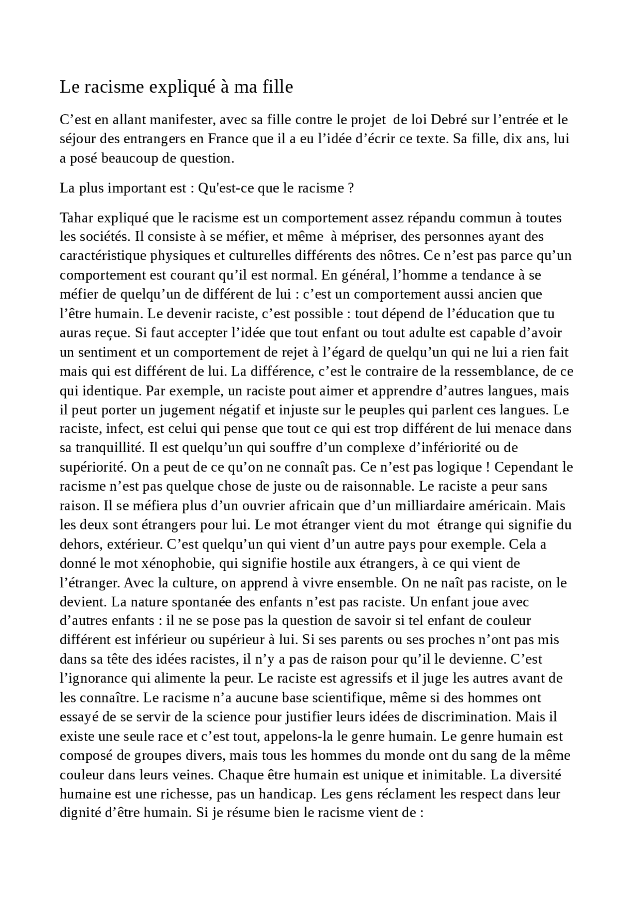 Le racisme expliqué à ma fille - Docsity