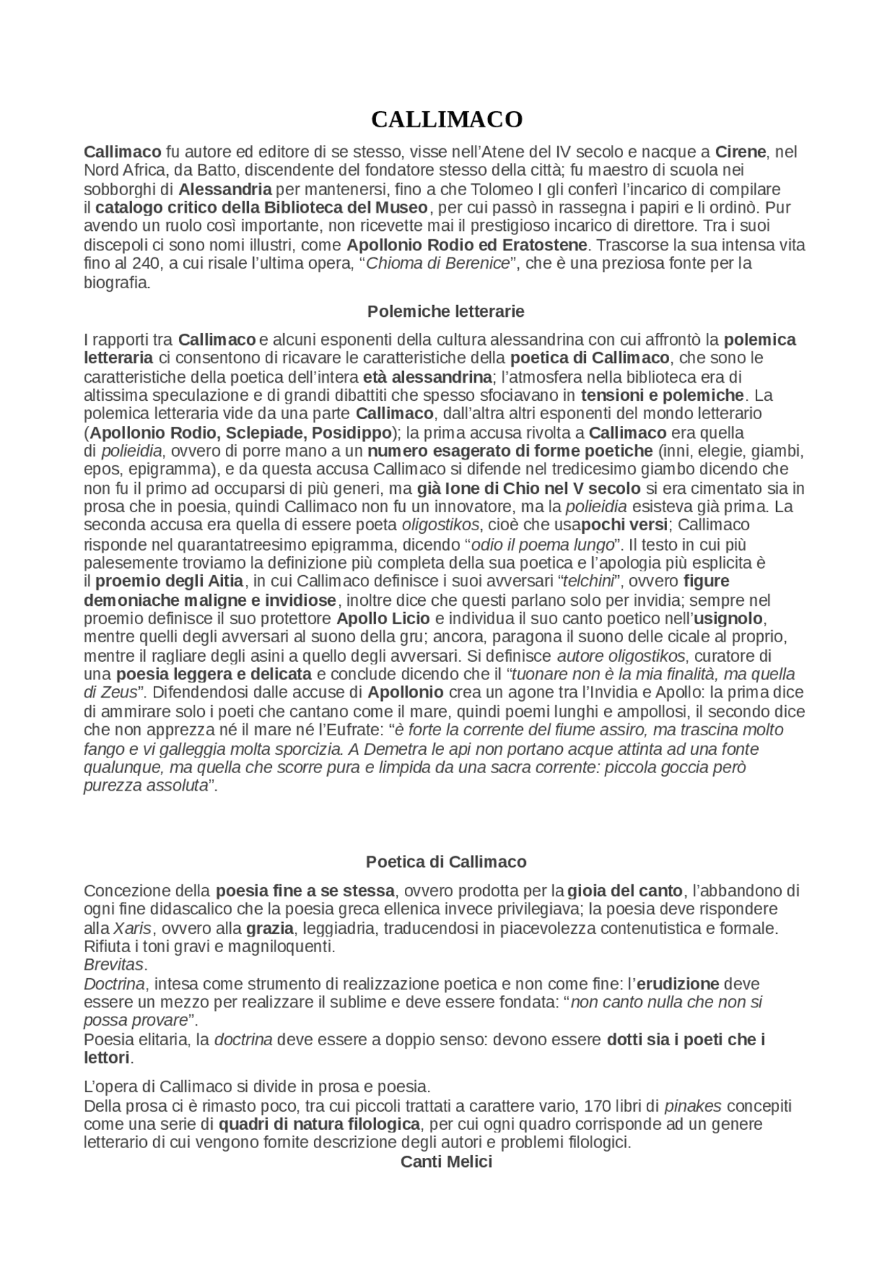 Appunti Su Vita E Opere Di Callimaco Docsity