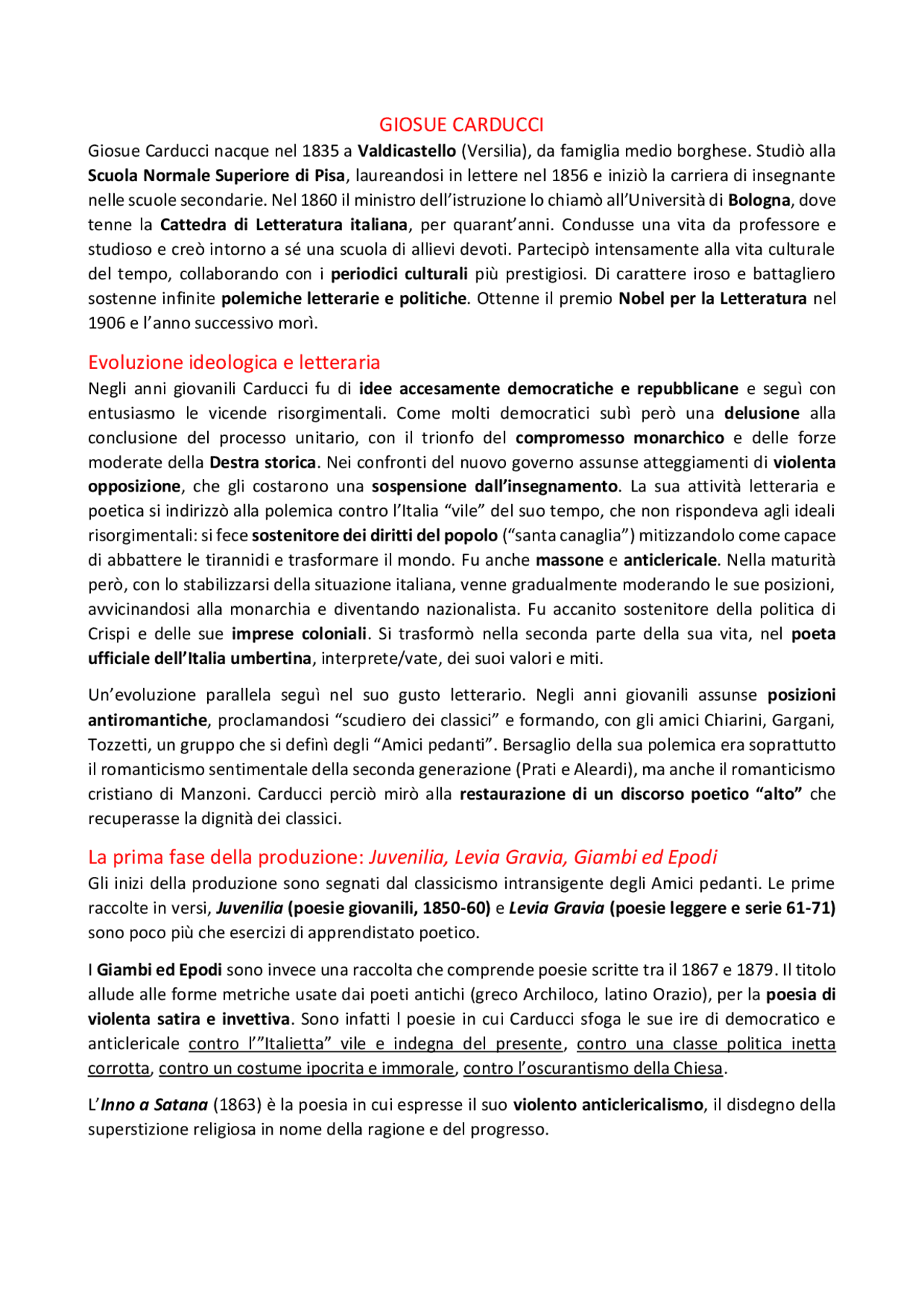 Giosuè Carducci Vita E Opere Appunti Di Italiano Docsity