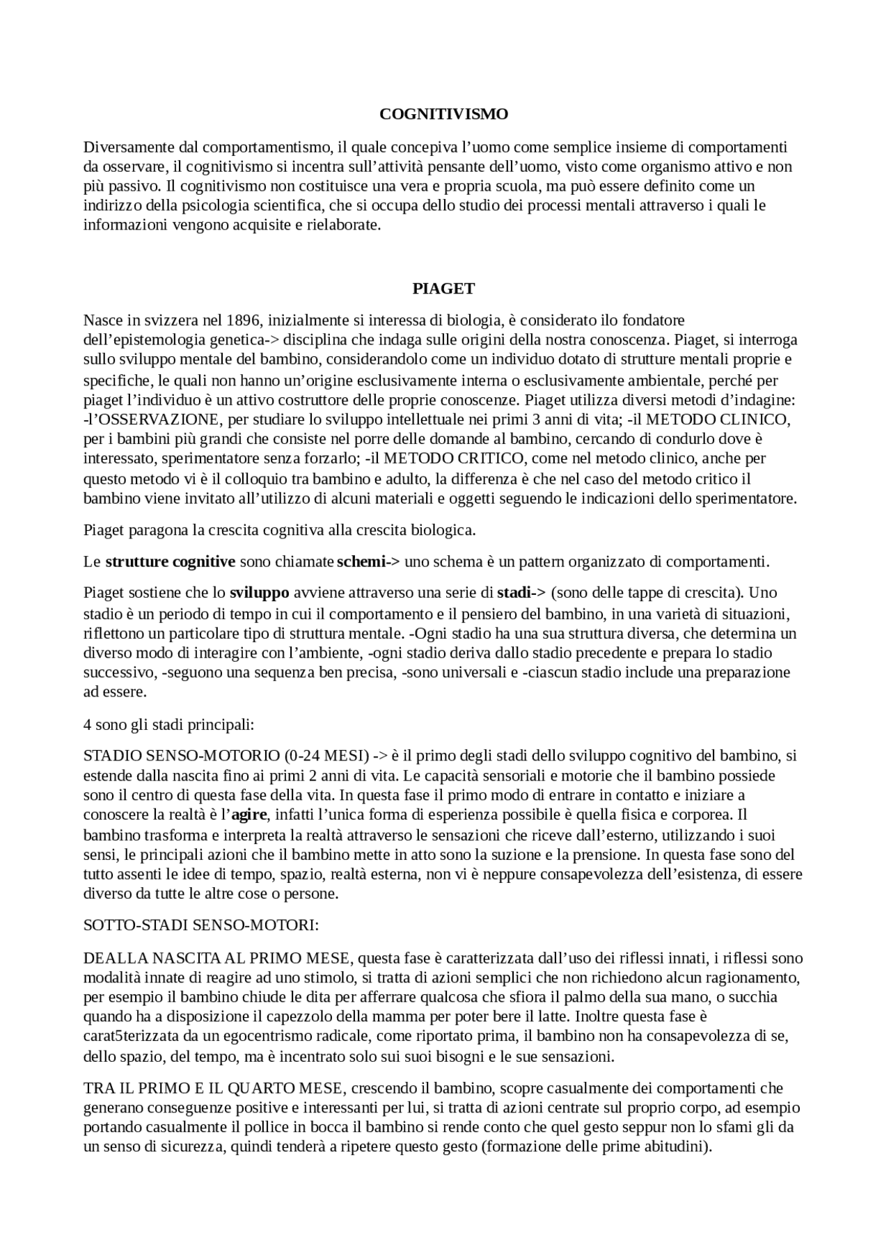 Cognitivismo Piaget Appunti Di Psicologia Dello Sviluppo Docsity