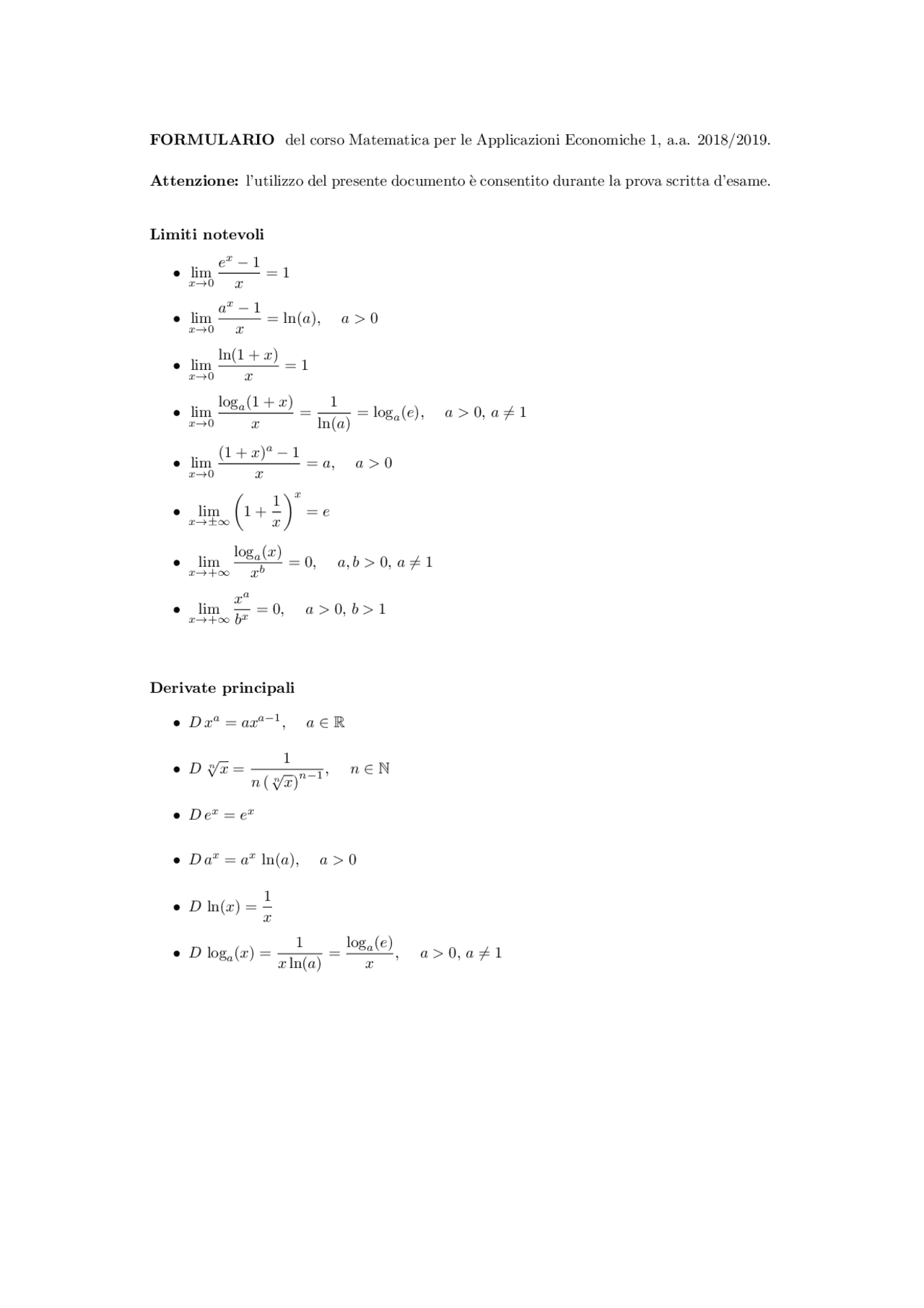 Formulario Per Matematica Per Le Applicazioni Economiche 1 Unifi