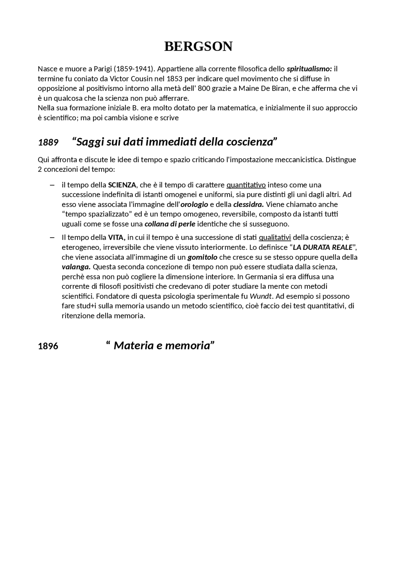 Appunti Di Filosofia Su Bergson Docsity