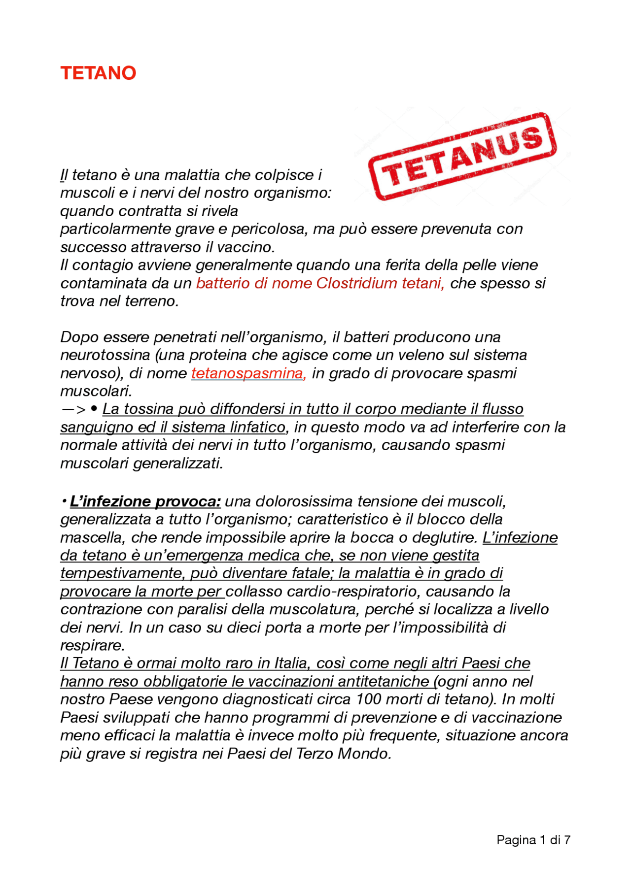 Appunti E Info Sul Tetano E I Suoi Vaccini Docsity