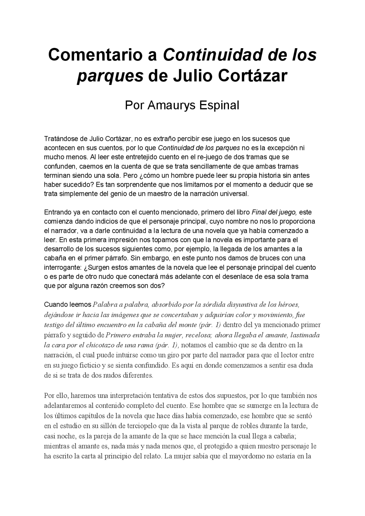 Comentario a "Continuidad de los parques" de julio Cortázar ...