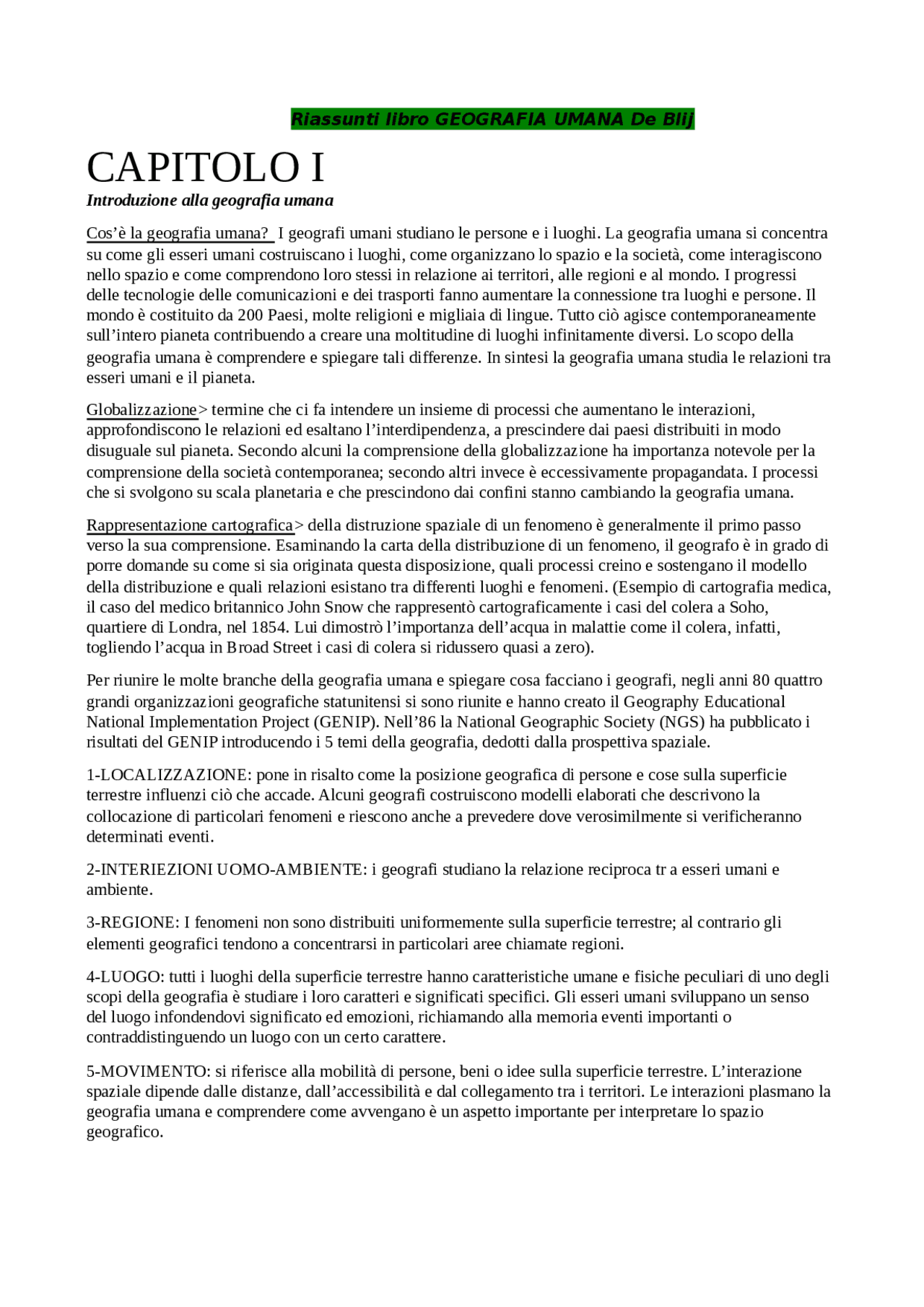 Riassunti libro geografia umana De Blij - Docsity