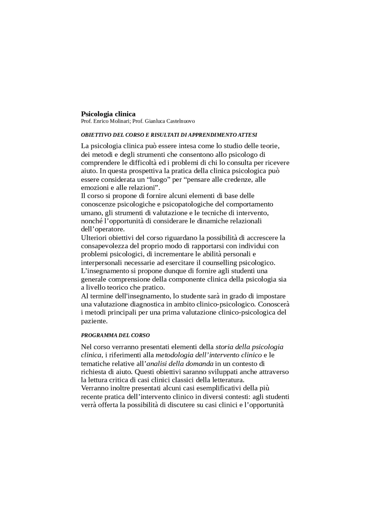 Programma di psicologia clinica - Docsity