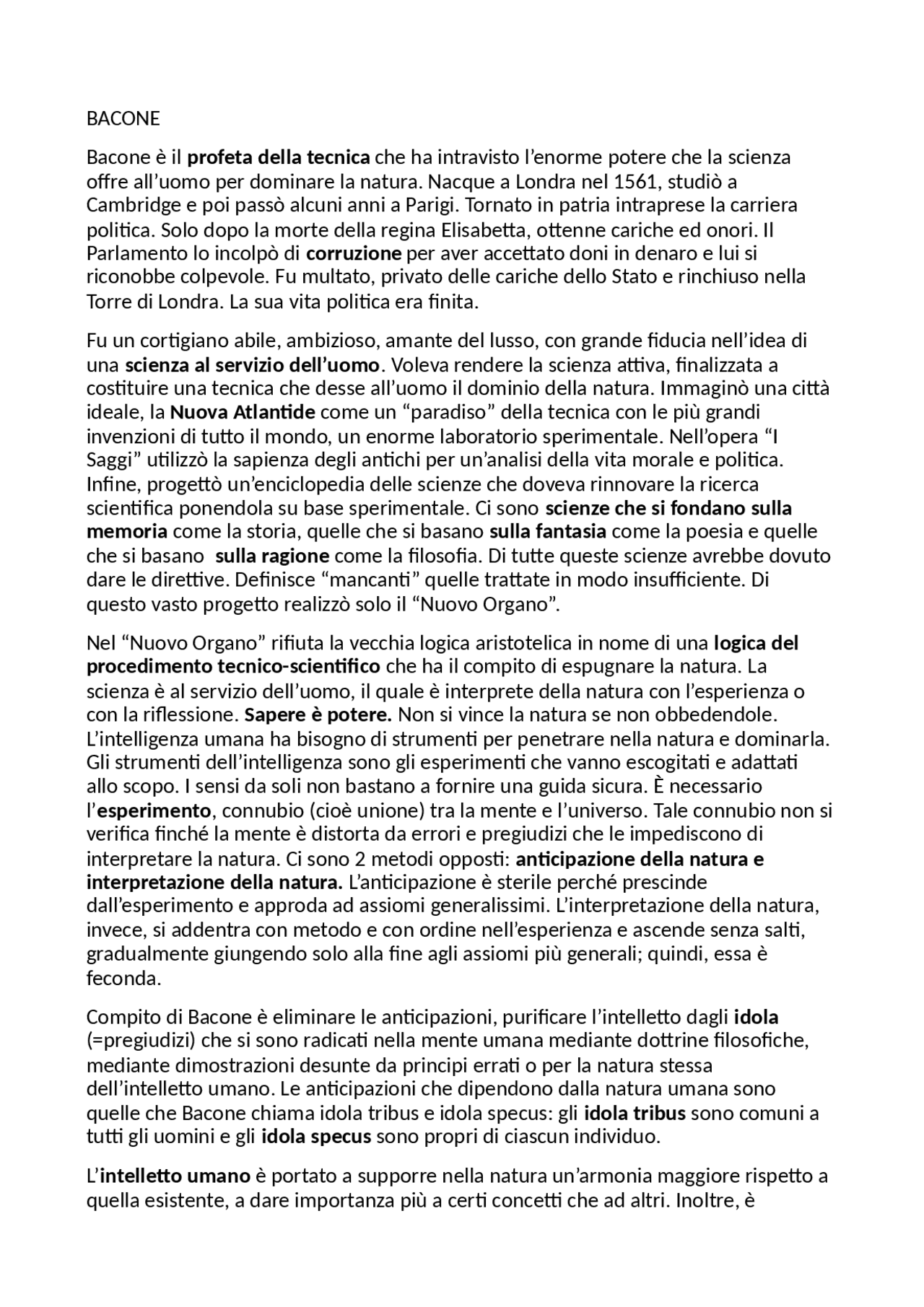 Bacone Secondo Abbagnano Docsity