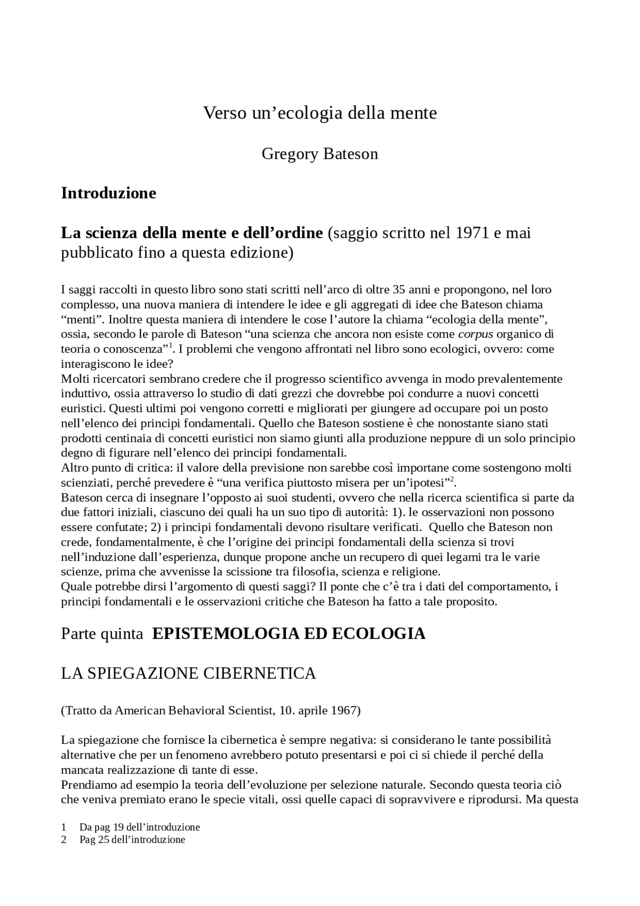 Verso Un Ecologia Della Mente Docsity