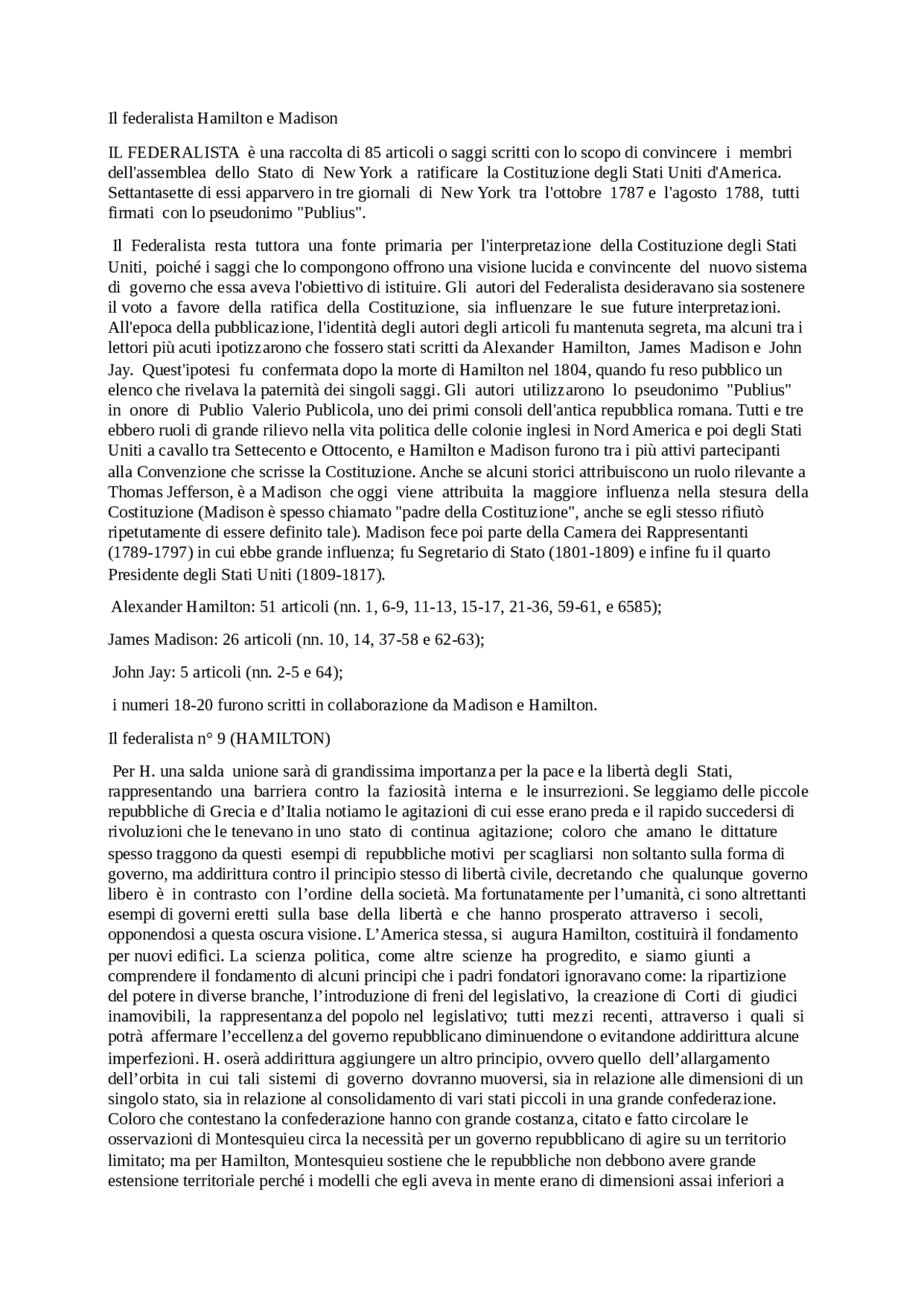 Il federalista Hamilton e Madison - Docsity