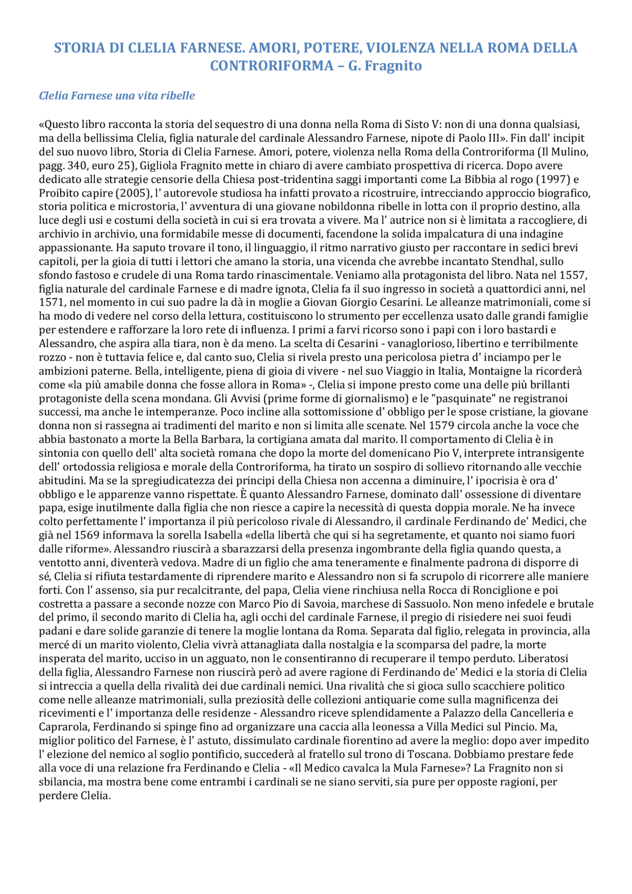 Riassunto Storia di Clelia Farnese - Docsity