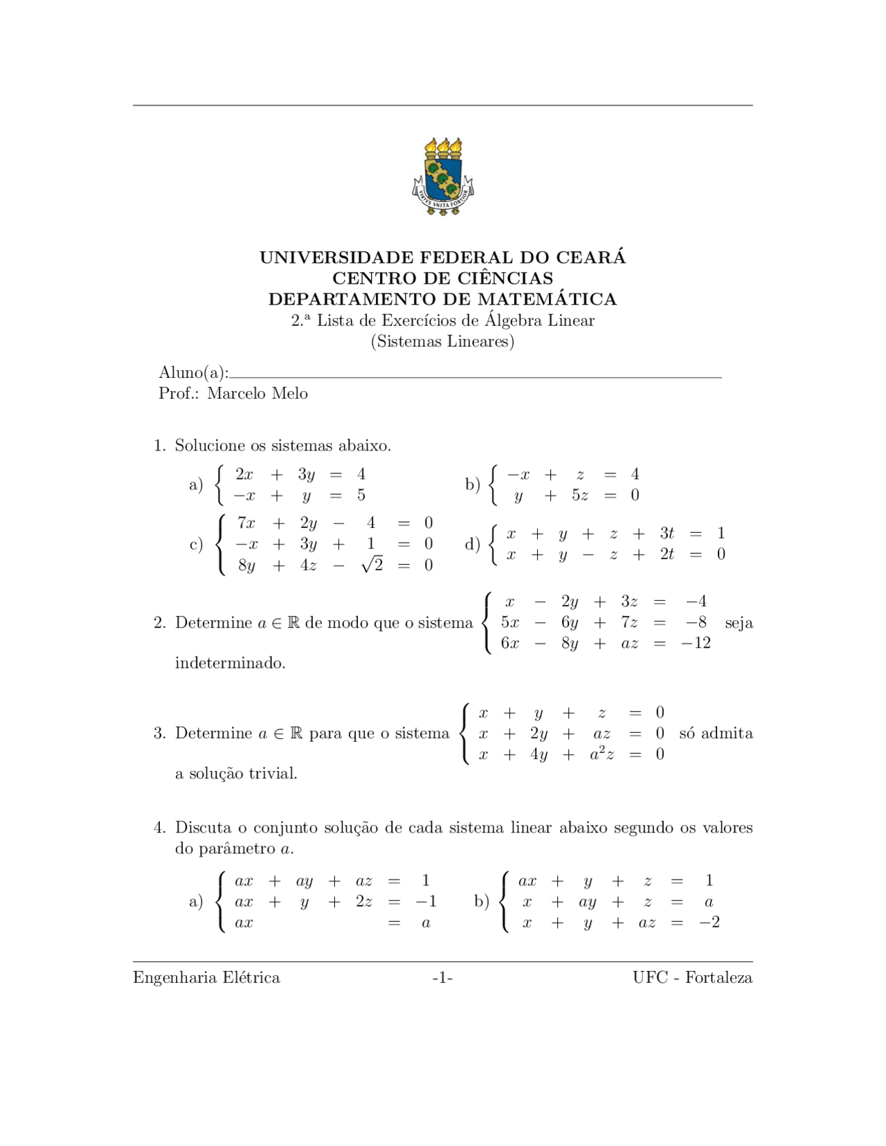 Lista Algebra Linear | Exercícios Geometria Analítica e Álgebra Linear | Docsity
