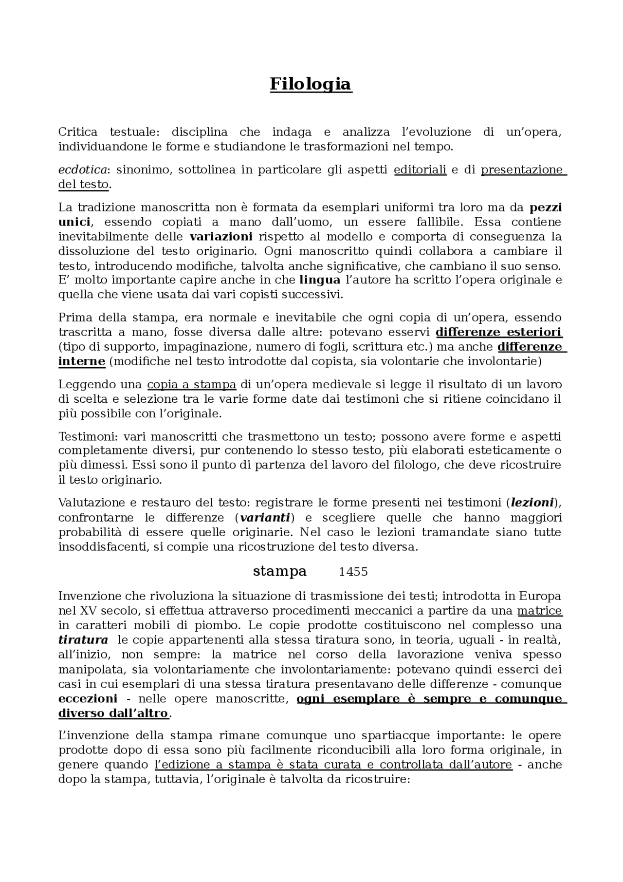Filologia E Critica Testuale Appunti Manuale Docsity