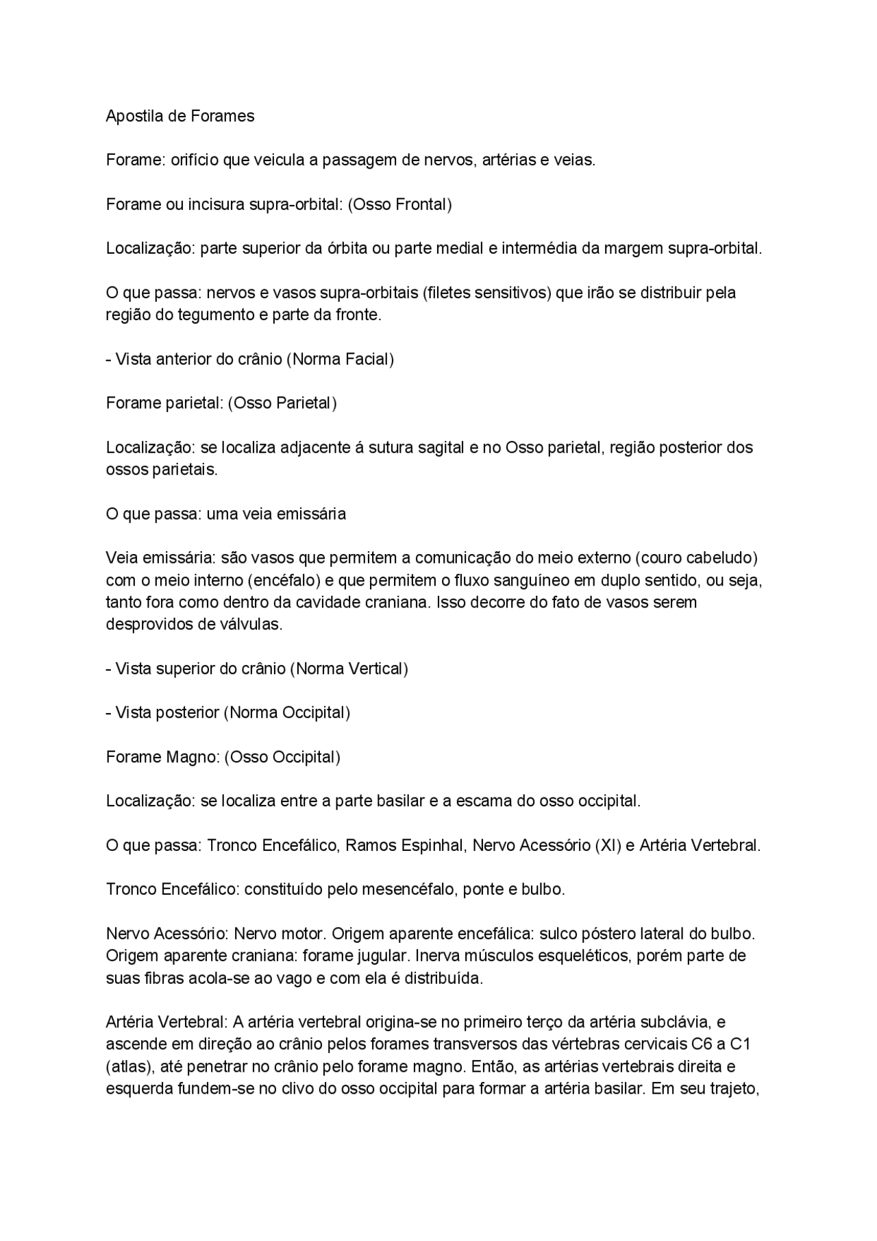 Os forames: topografia e nervos - Docsity