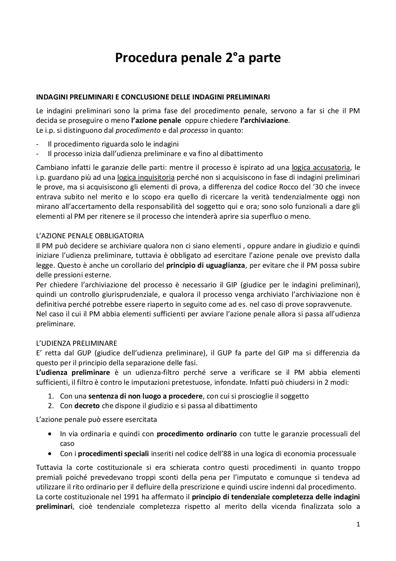 Riassunto appunti procedura penale seconda parte | Appunti di Diritto Processuale Penale - Docsity
