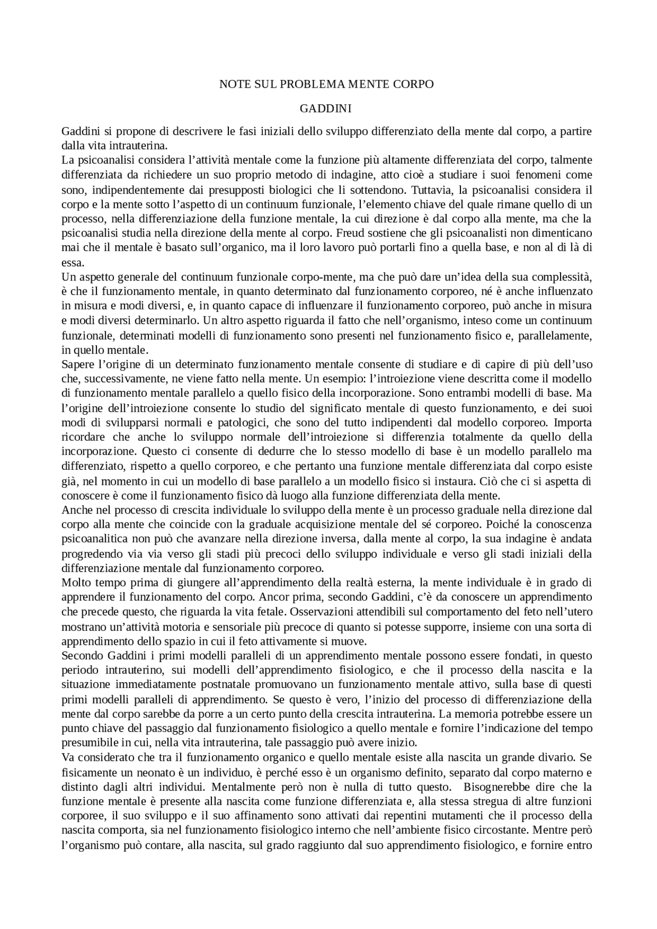 Note Sul Problema Mente Corpo Docsity