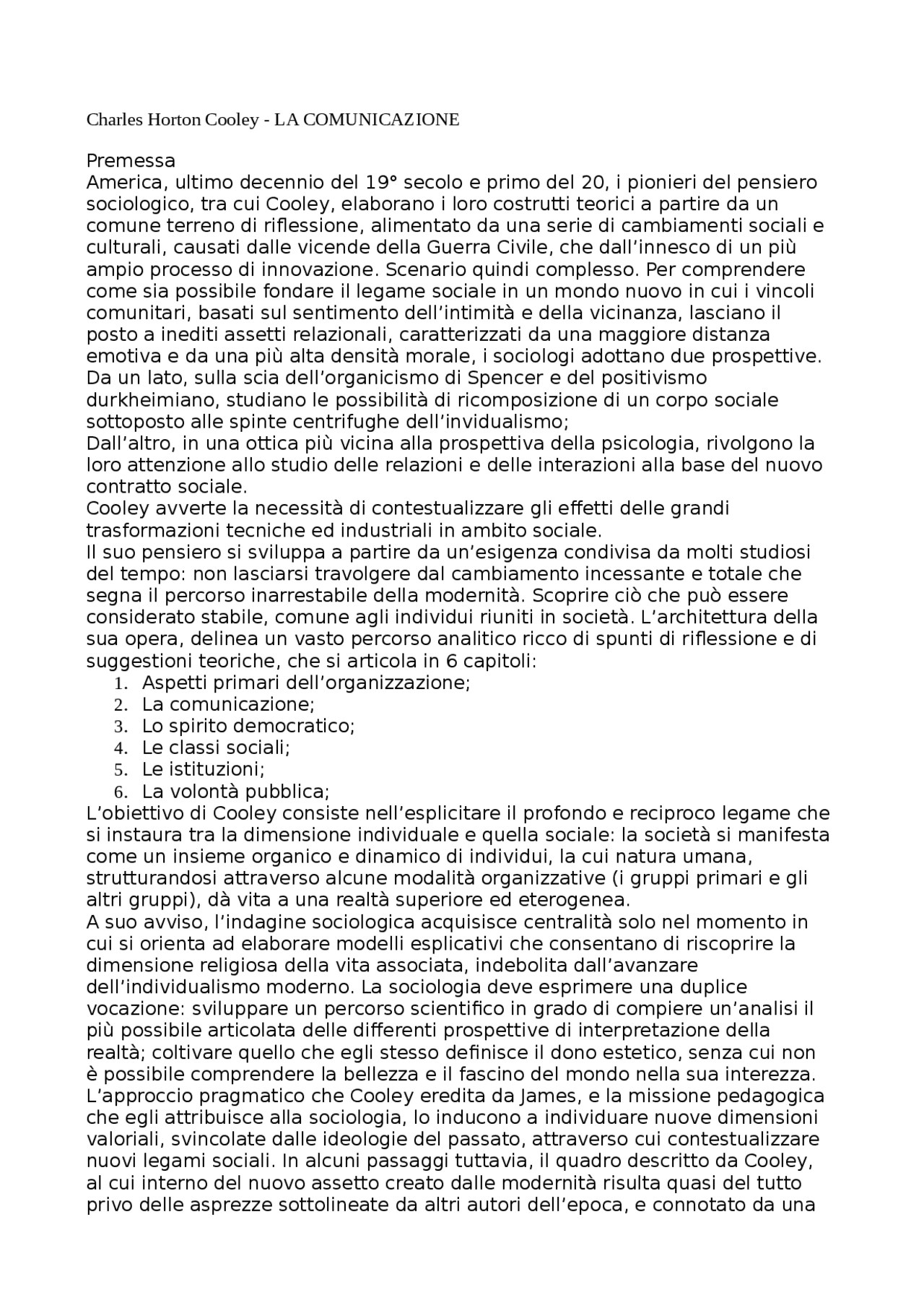 La Comunicazione - C.H. Cooley - Docsity