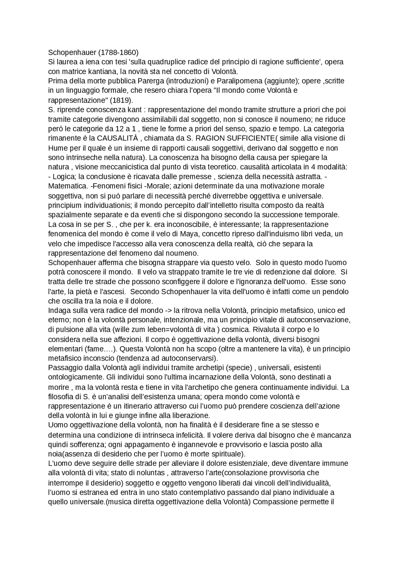 Riassunto Su Schopenhauer Docsity