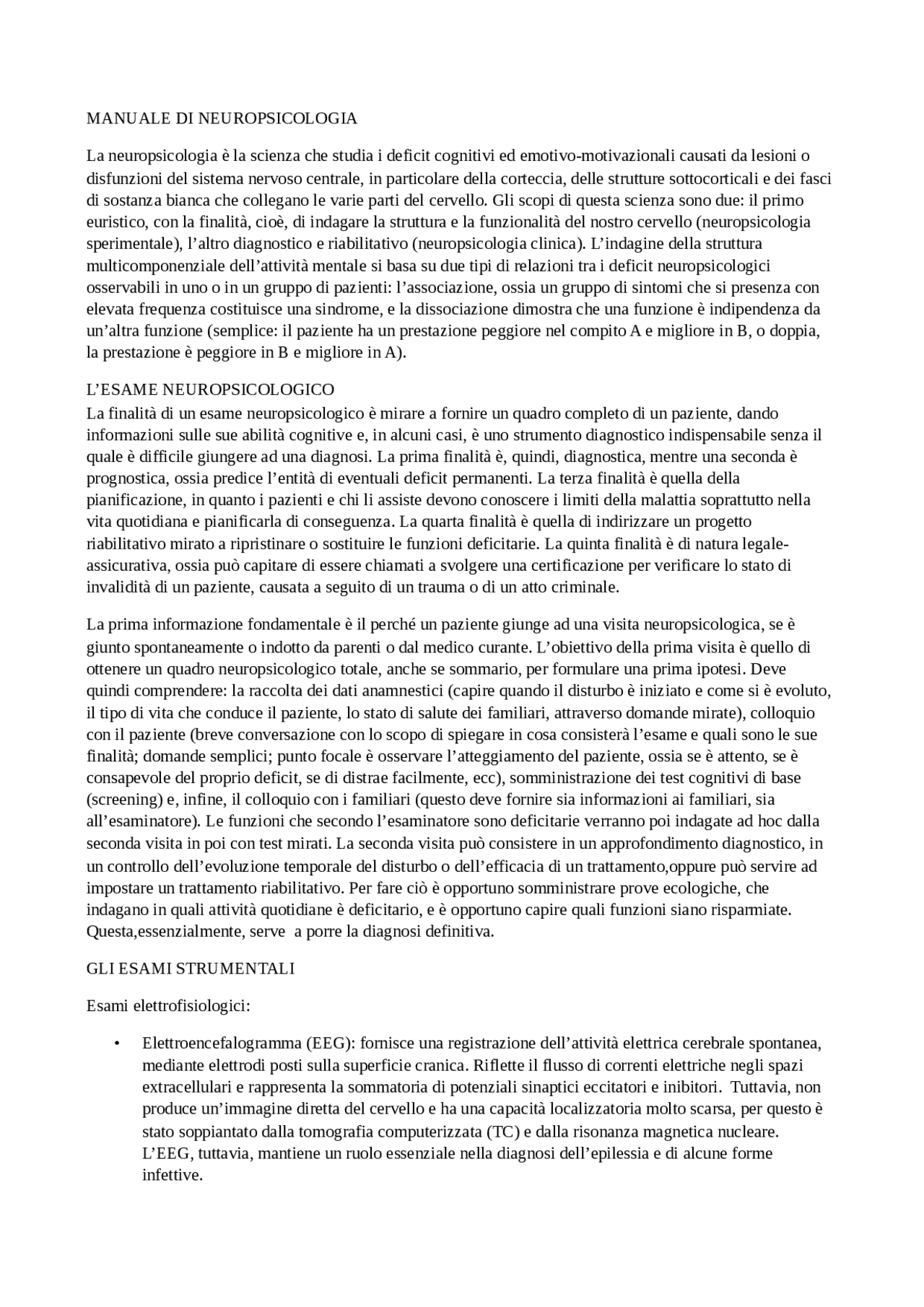 Manuale Di Neuropsicologia Docsity