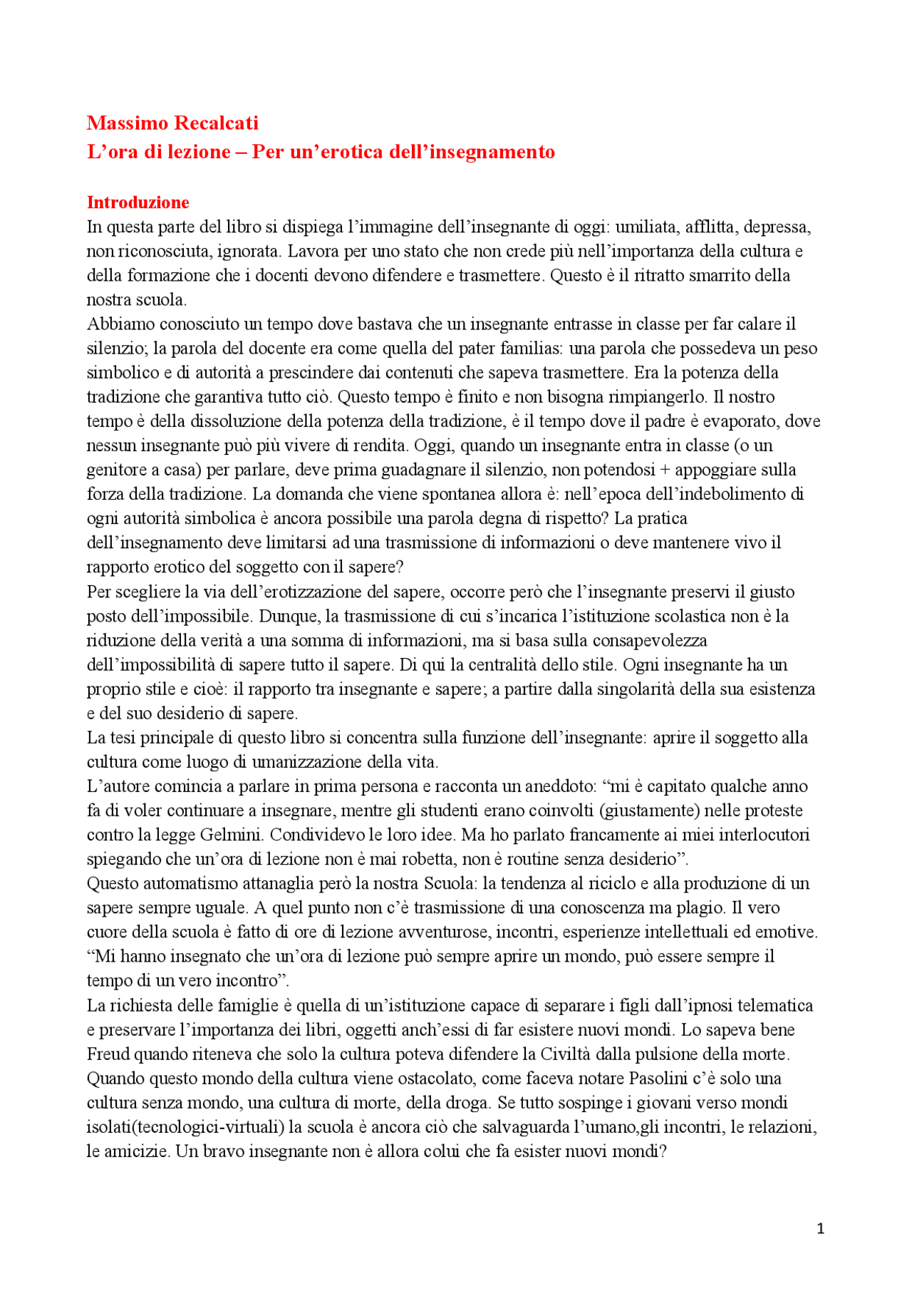 Sintesi De Lora Di Lezione Di M Recalcati Docsity