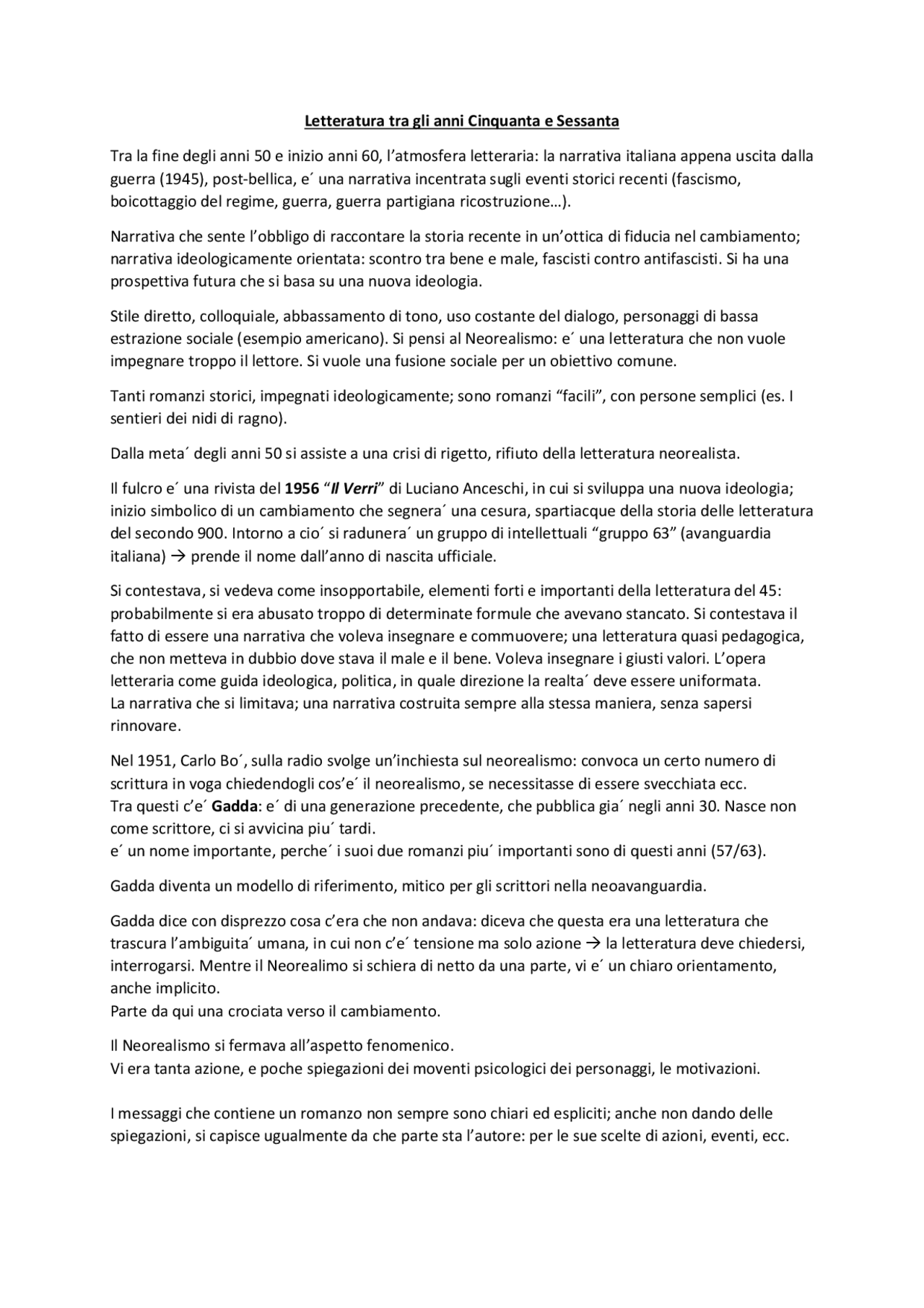 Primo Modulo Letteratura Per Esame Di Scienze Della Comunicazione Primo