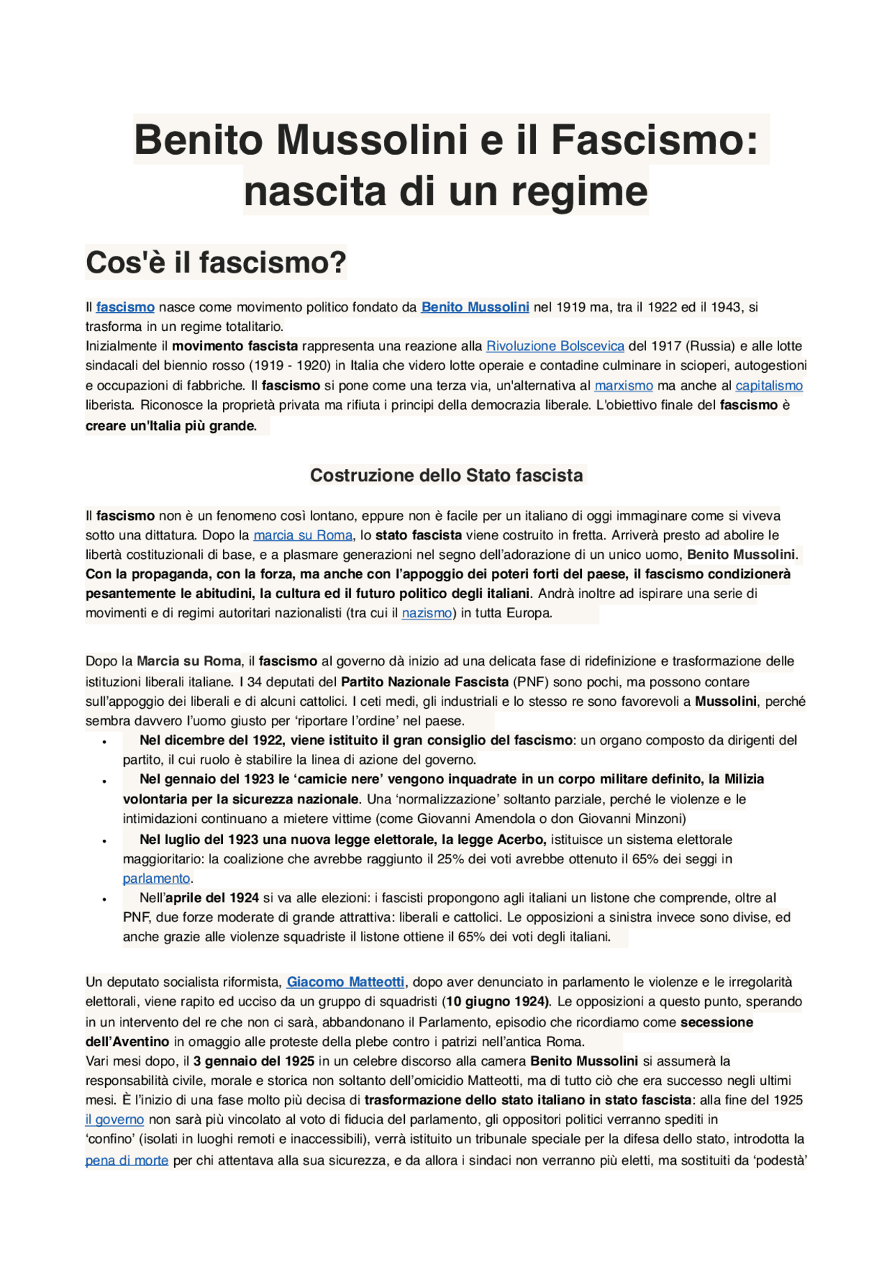 Benito Mussolini e il fascismo - Docsity