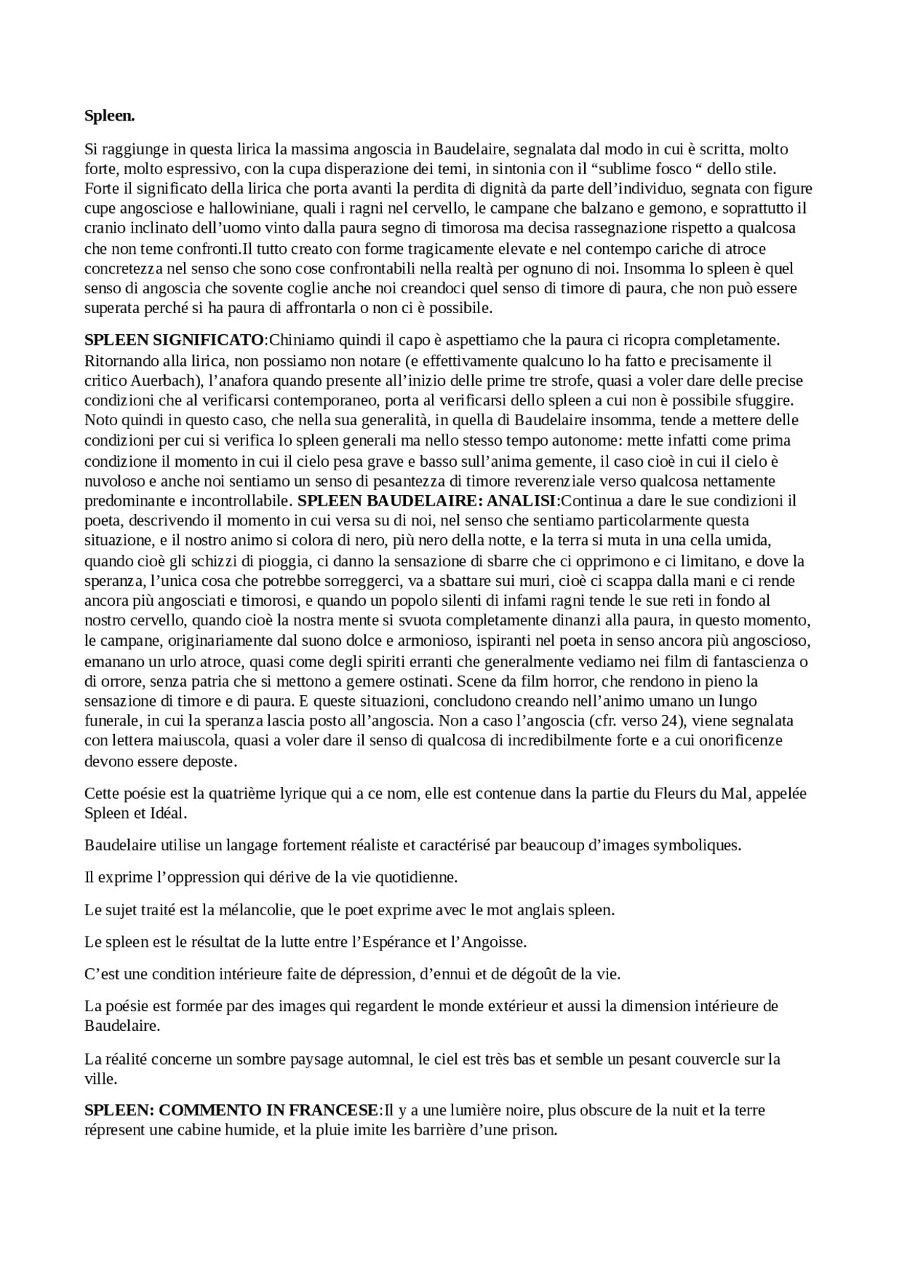 Baudelaire E Il Suo Poema Spleen Docsity