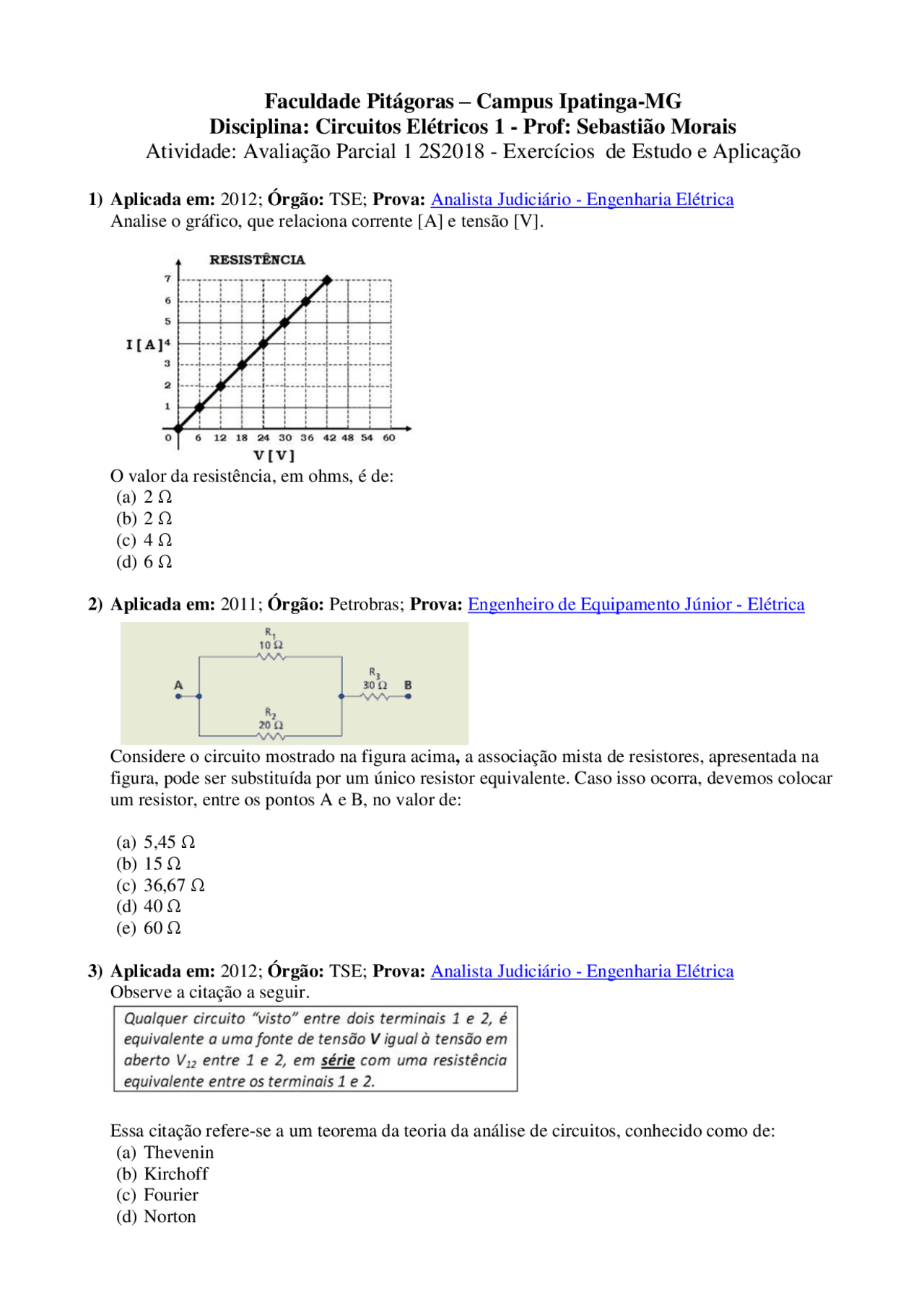 Avaliação Parcial De Circuitos Exercícios Circuitos Elétricos Docsity
