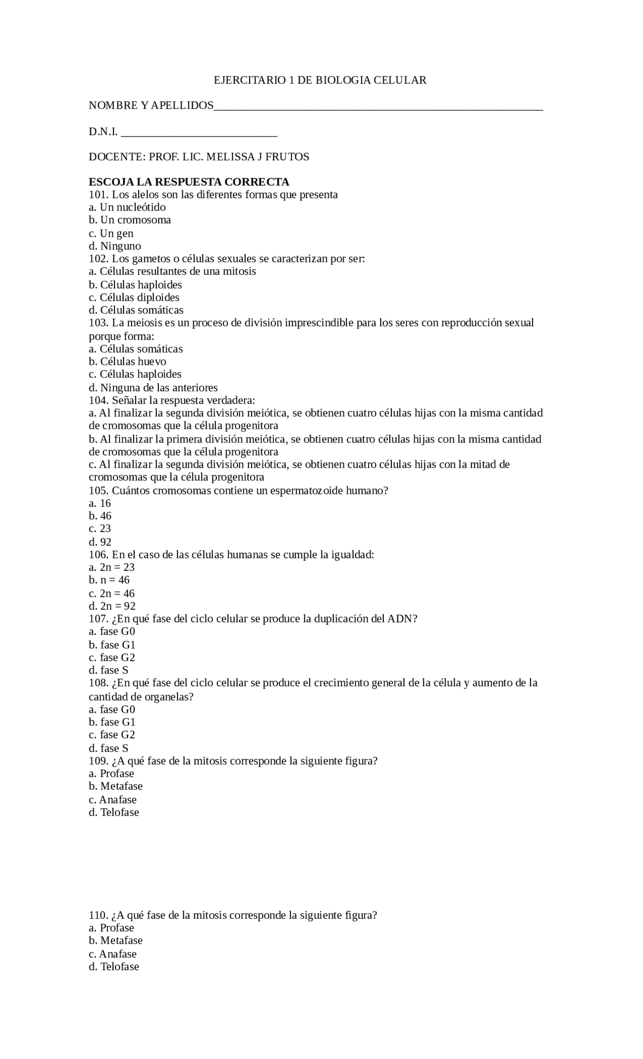 Ejercitarlo De Biología Celular Docsity