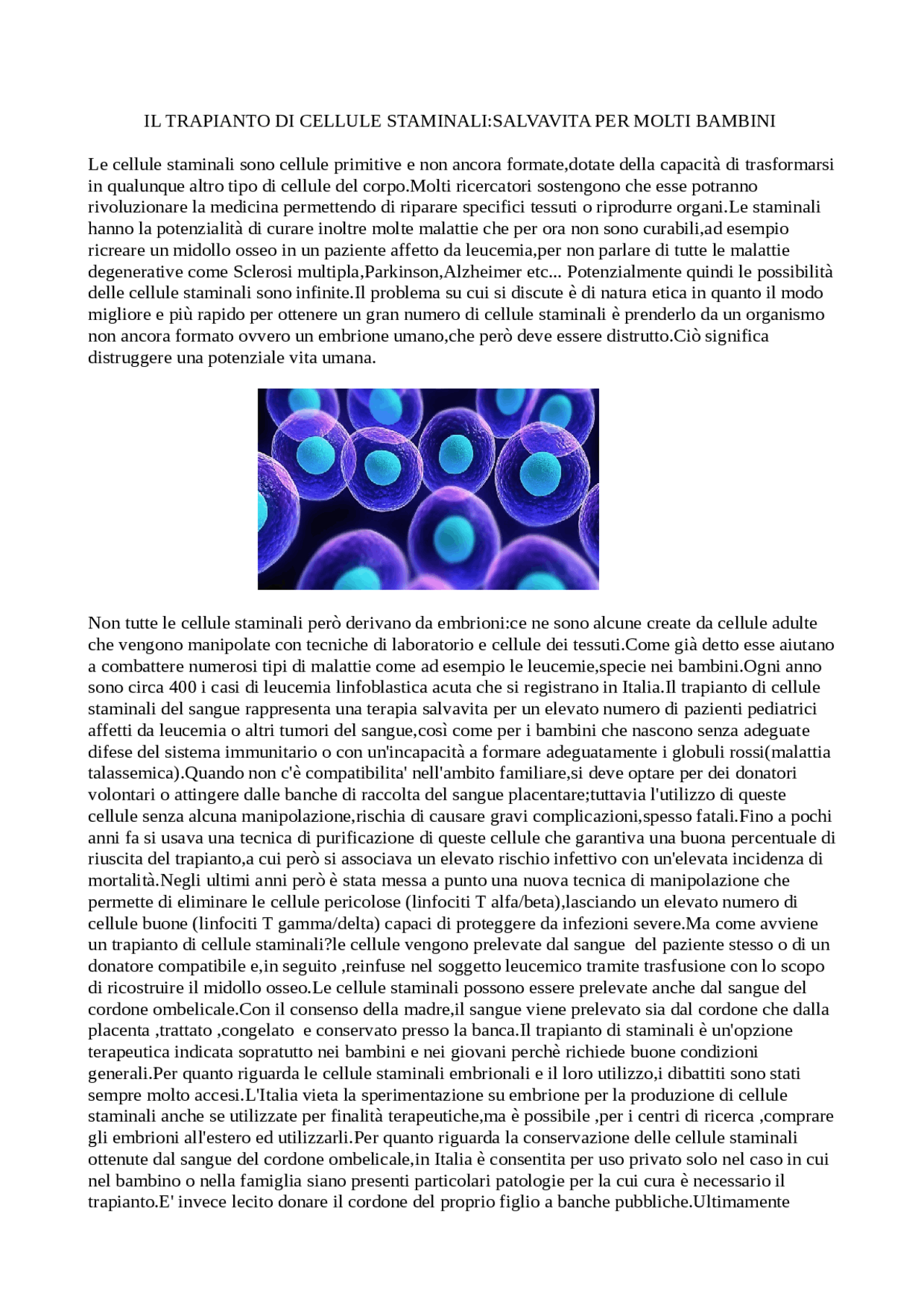 Cellule Staminali Salvezza Per Molti Bambini Docsity