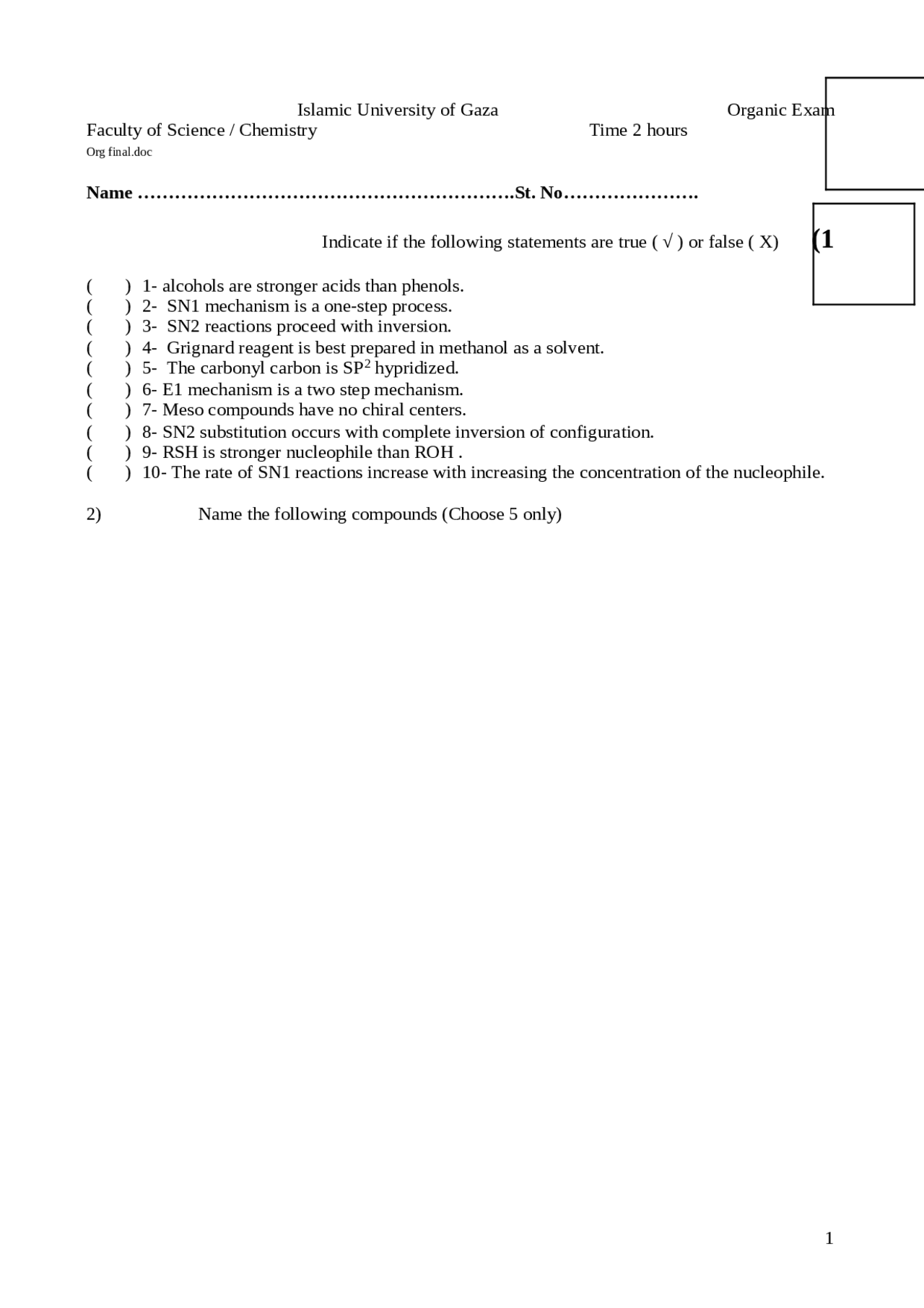 Organic Chemistry Exams Docsity