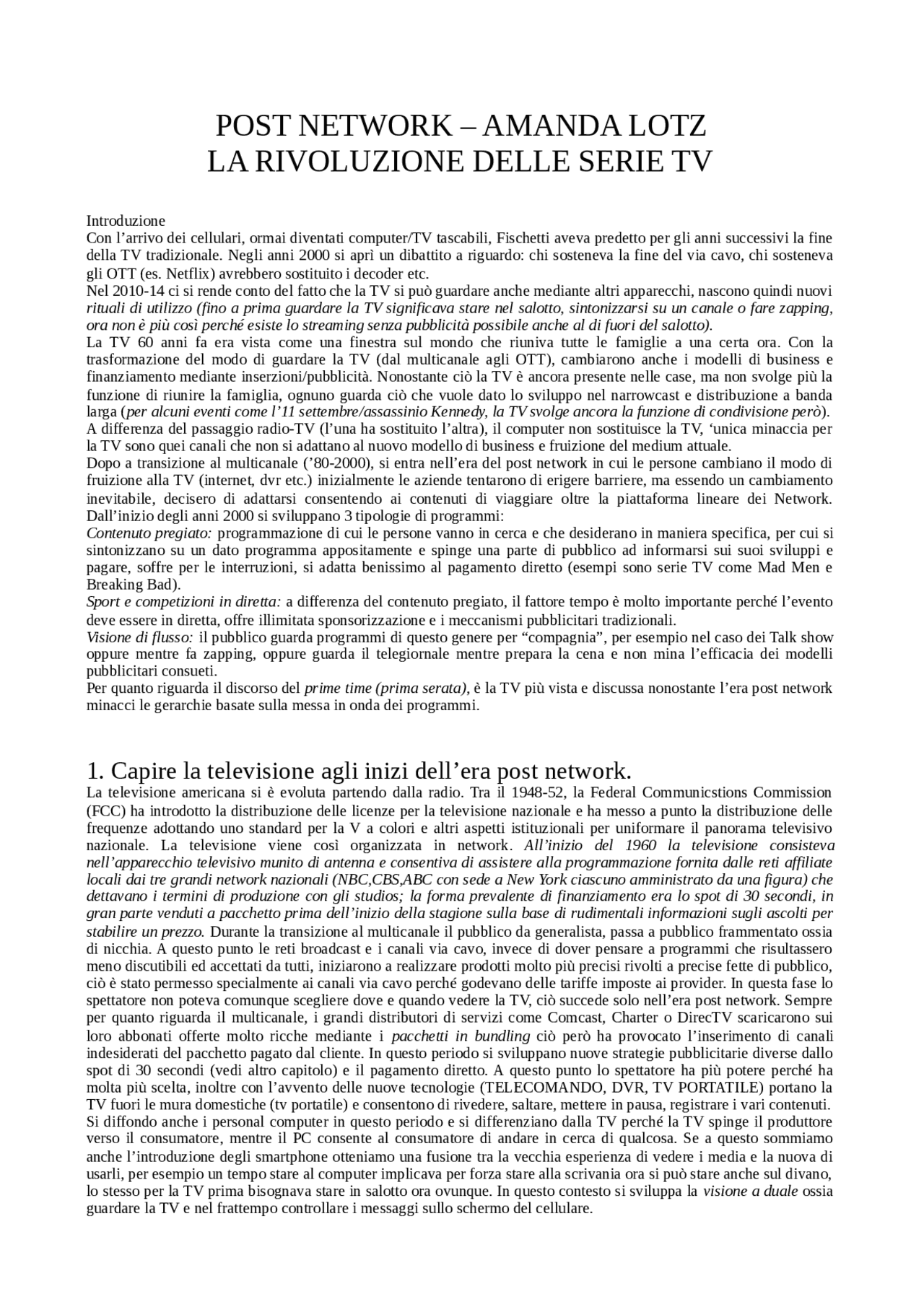 RIASSUNTO POST NETWORK- AMANDA LOTZ.docx - Docsity