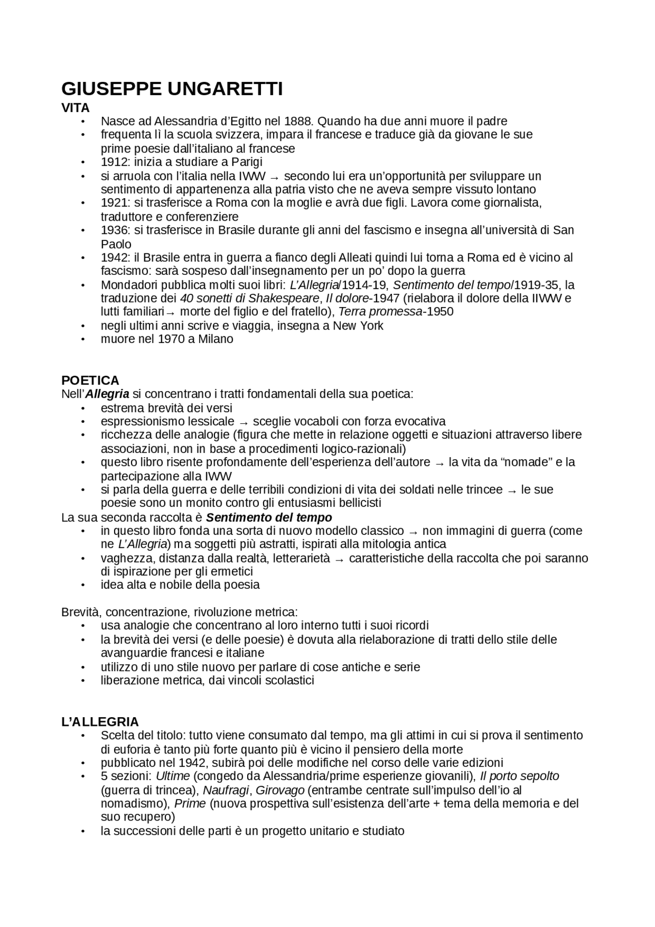Giuseppe Ungaretti Vita E Opere Docsity