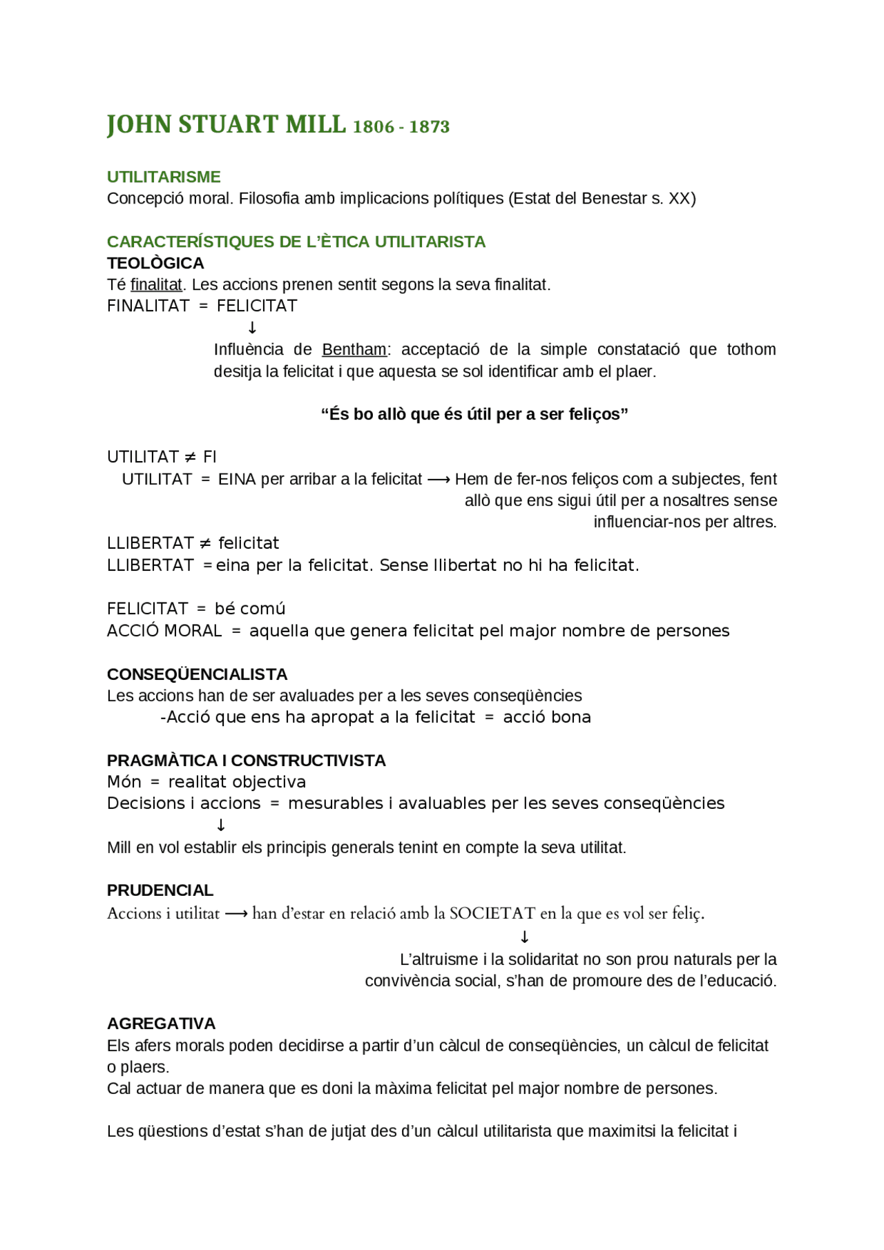 Esquema / resum de la filosofia de Mill - Docsity