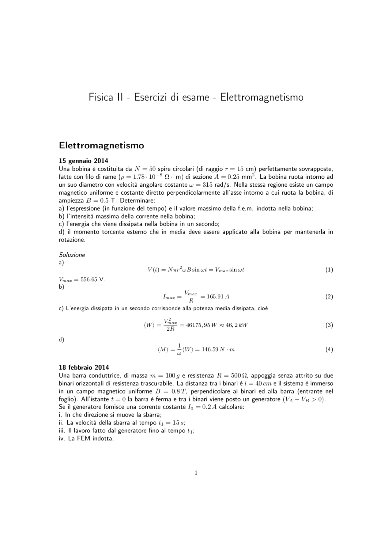 Esercizi di elettromagnetismo | Esercizi di Fisica | Docsity