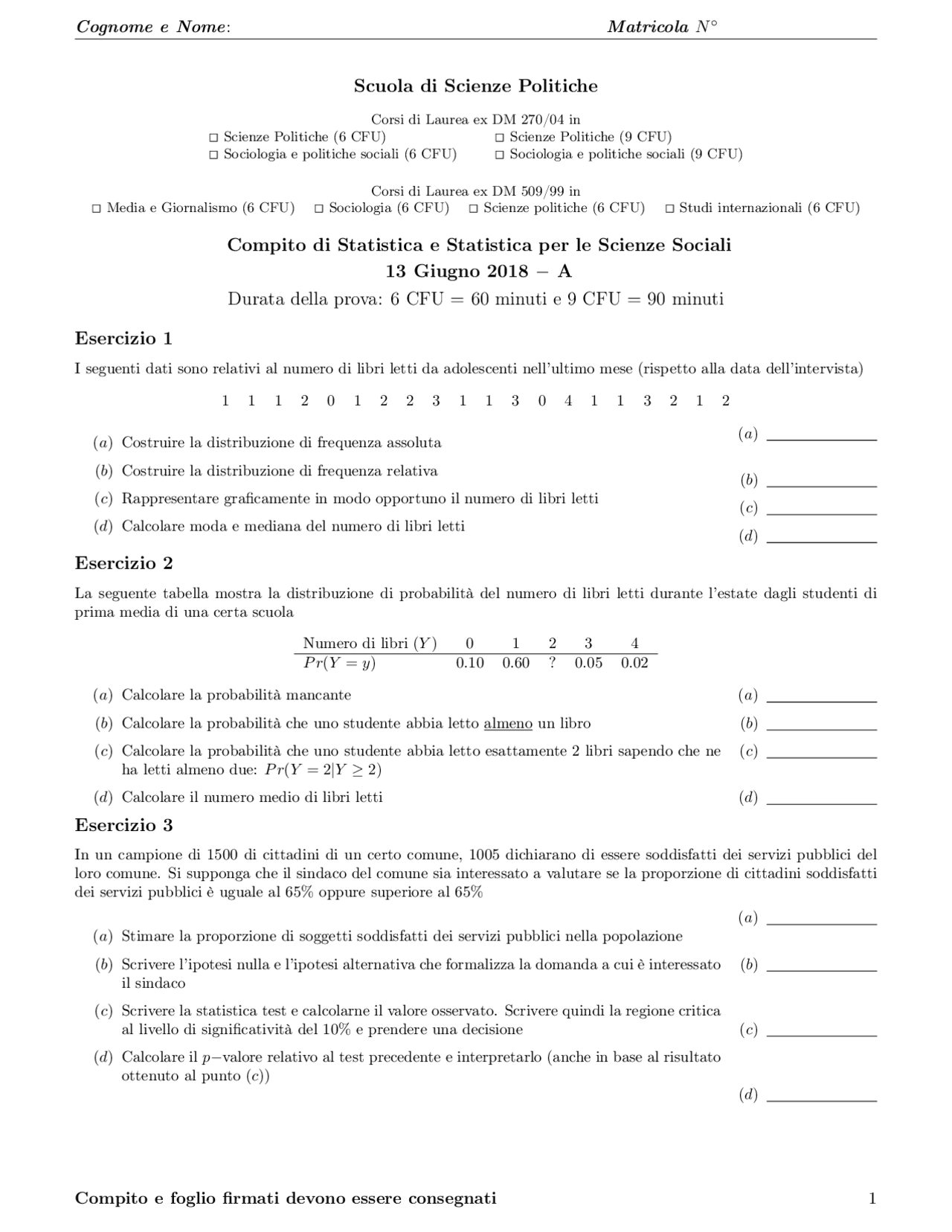 Compiti Di Statistica Del 2018 Maggio Prove Desame Di Statistica
